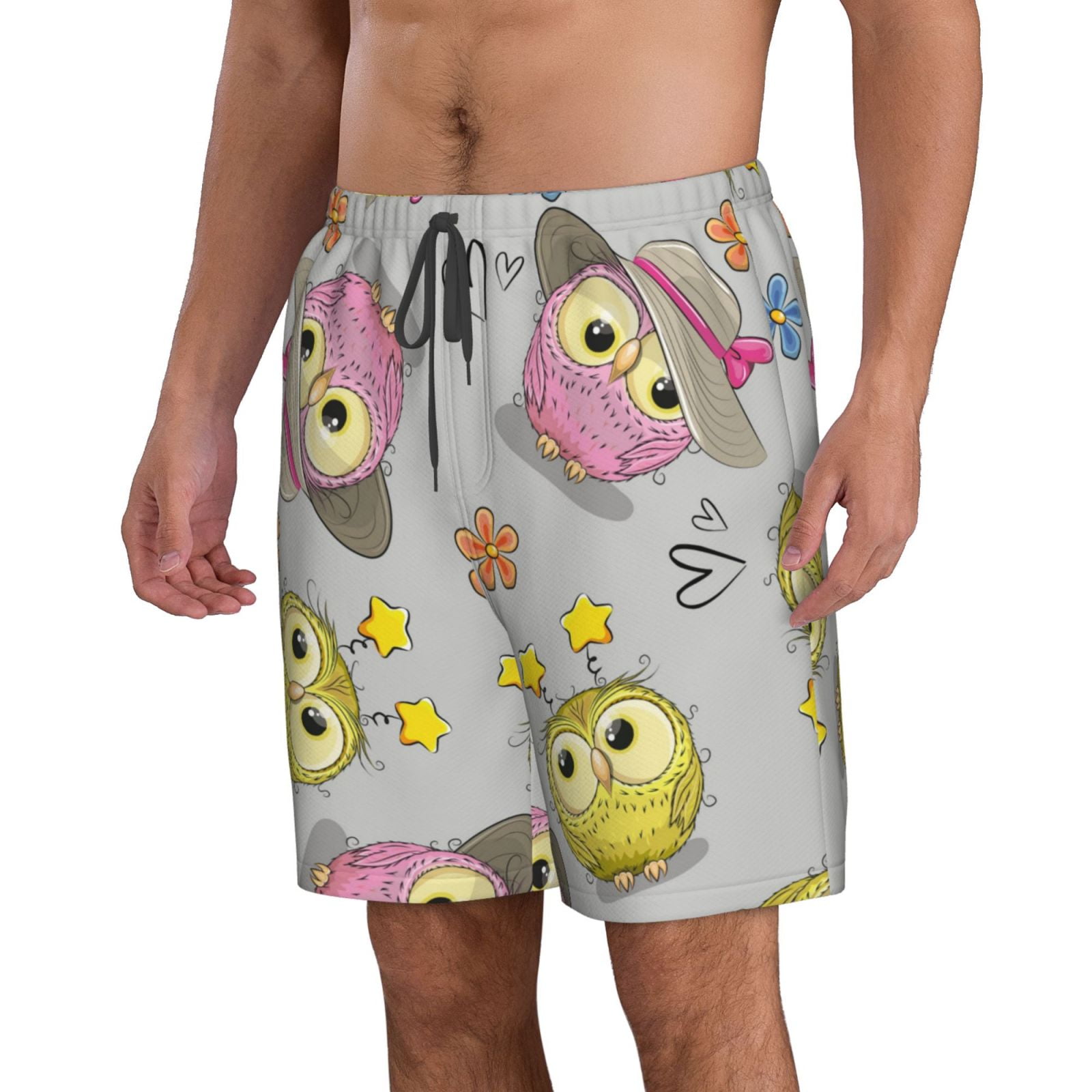 Uemuo Cartoon Owls Pattern Men's Swim Trunks Hawaiian Beach Bathing ...