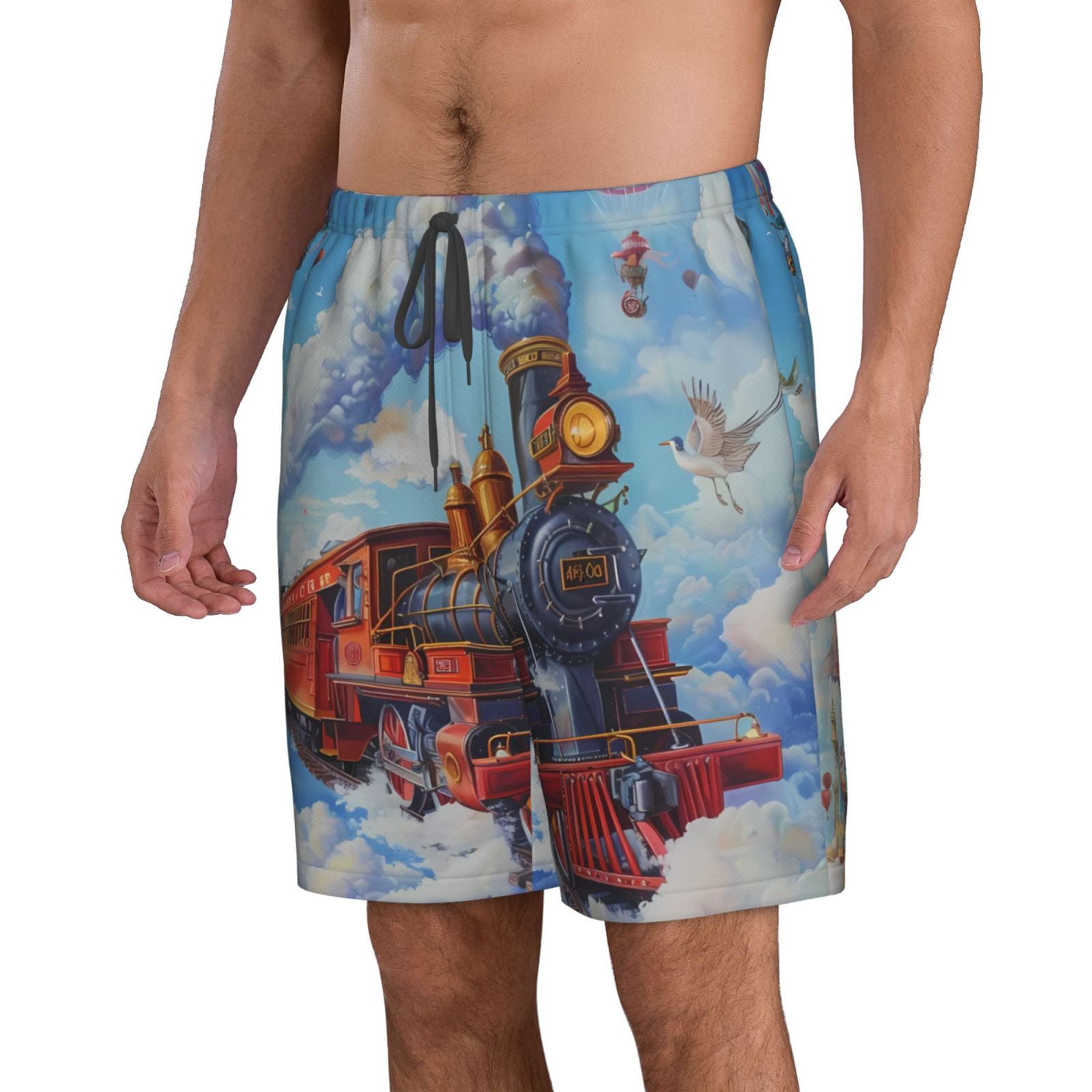 Uemuo Cartoon Train Hot Air Balloon Pattern Men's Swim Trunks Hawaiian ...