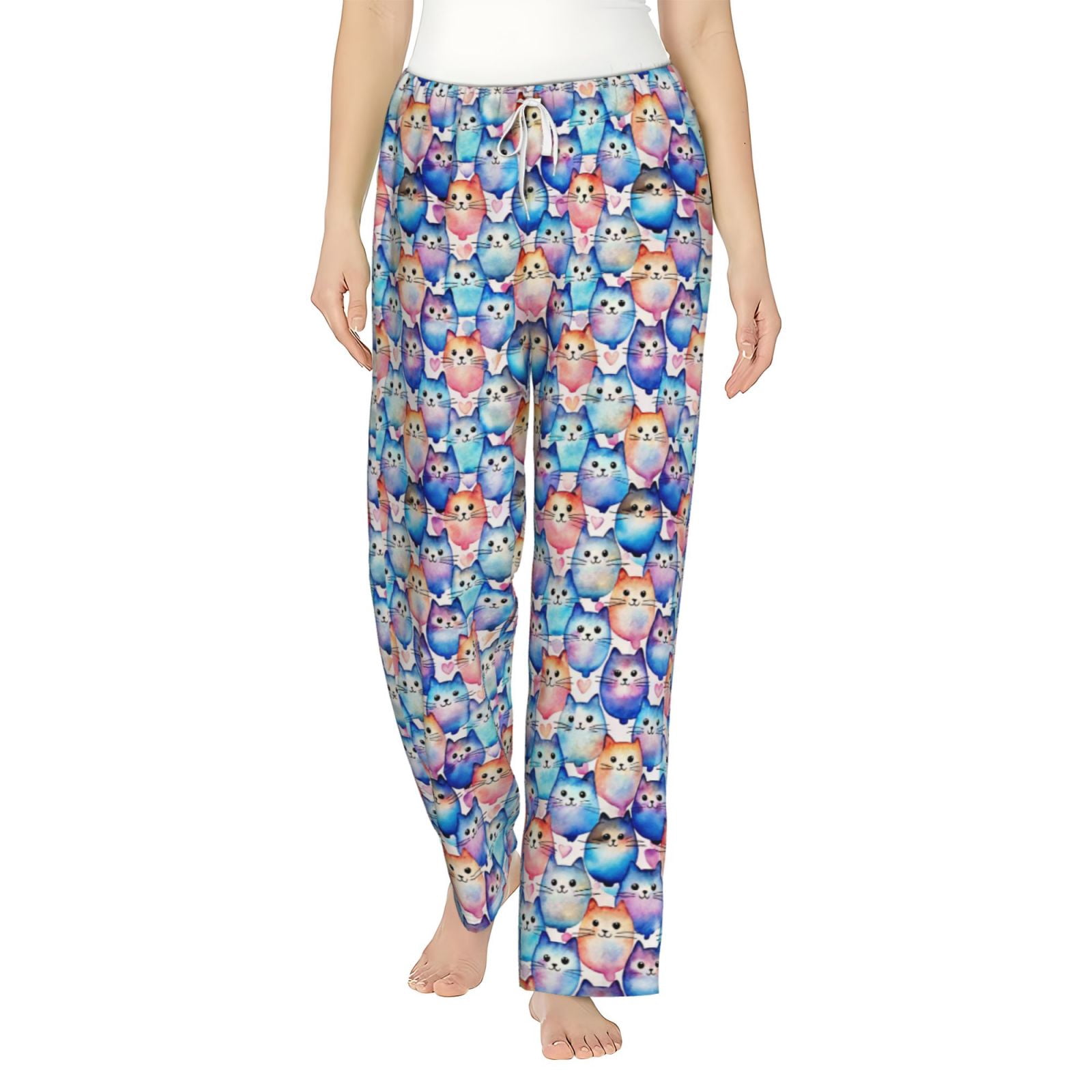 Uemuo Cartoon colorful cute cat Pattern Women's Wide Leg Palazzo Lounge ...