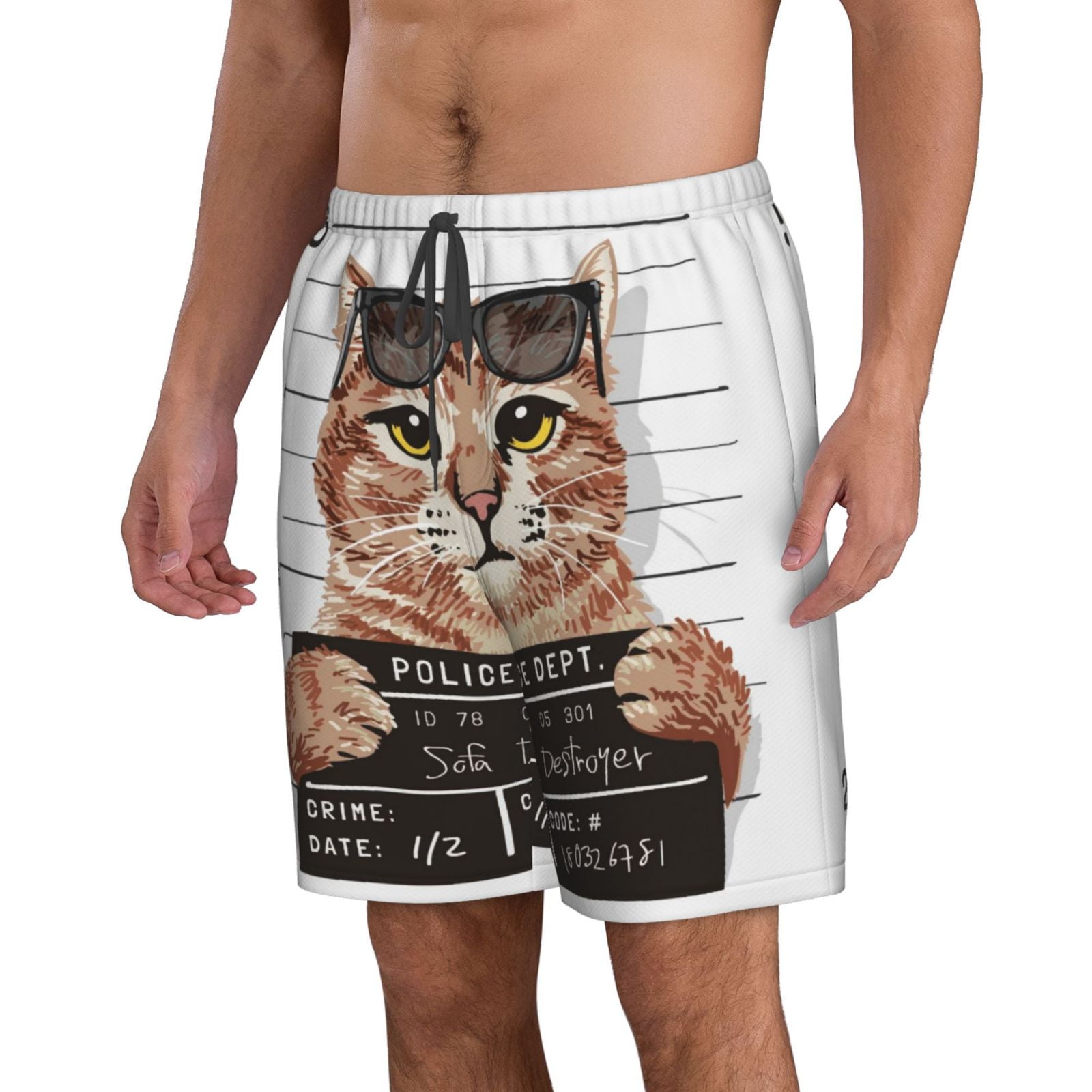 Uemuo Cat Holding Mugshot Sign Pattern Men's Swim Trunks Hawaiian Beach ...
