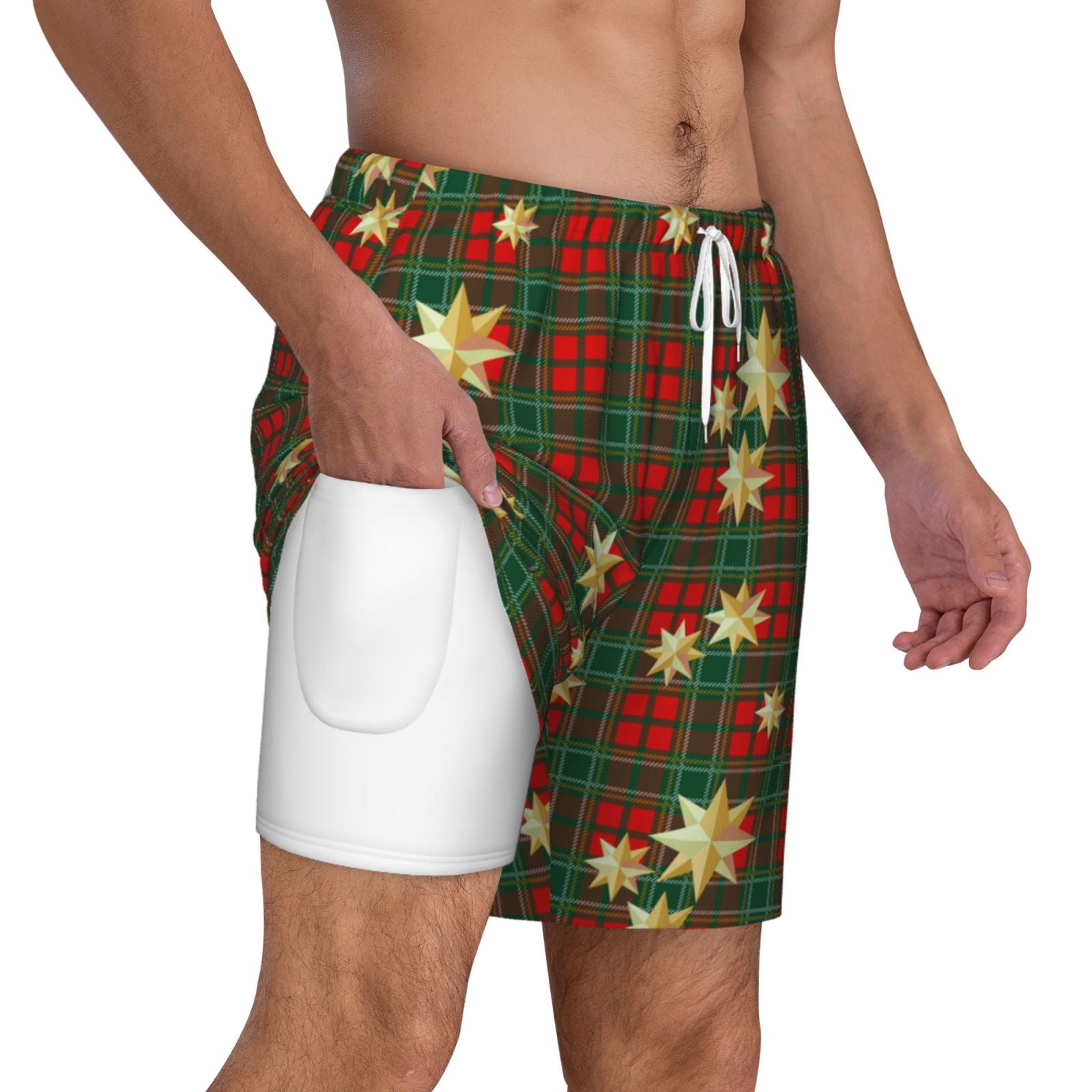 Uemuo Checkered With Golden Stars Pattern Mens Swim Trunks Quick Dry ...