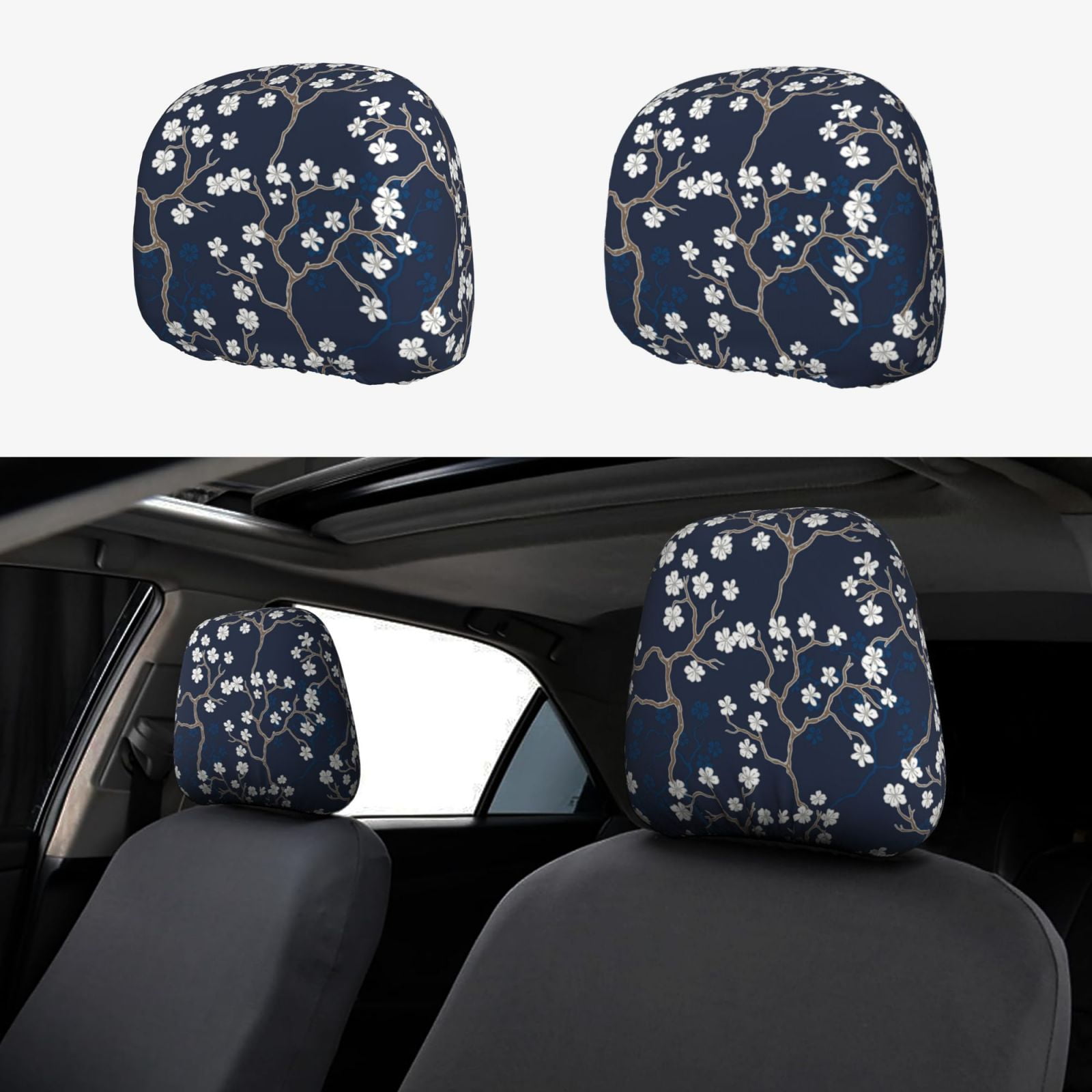 Uemuo Cherry Blossoms on Navy Background Printed 2 PCS Car All ...