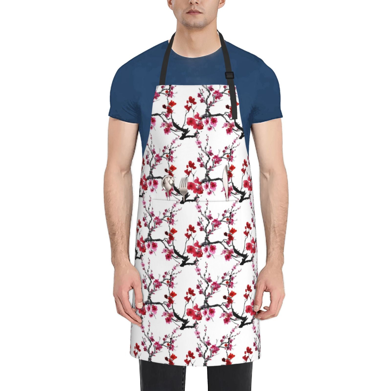 Uemuo Cherry Blossoms Pattern Waterproof Apron Adjustable Dishwasher ...