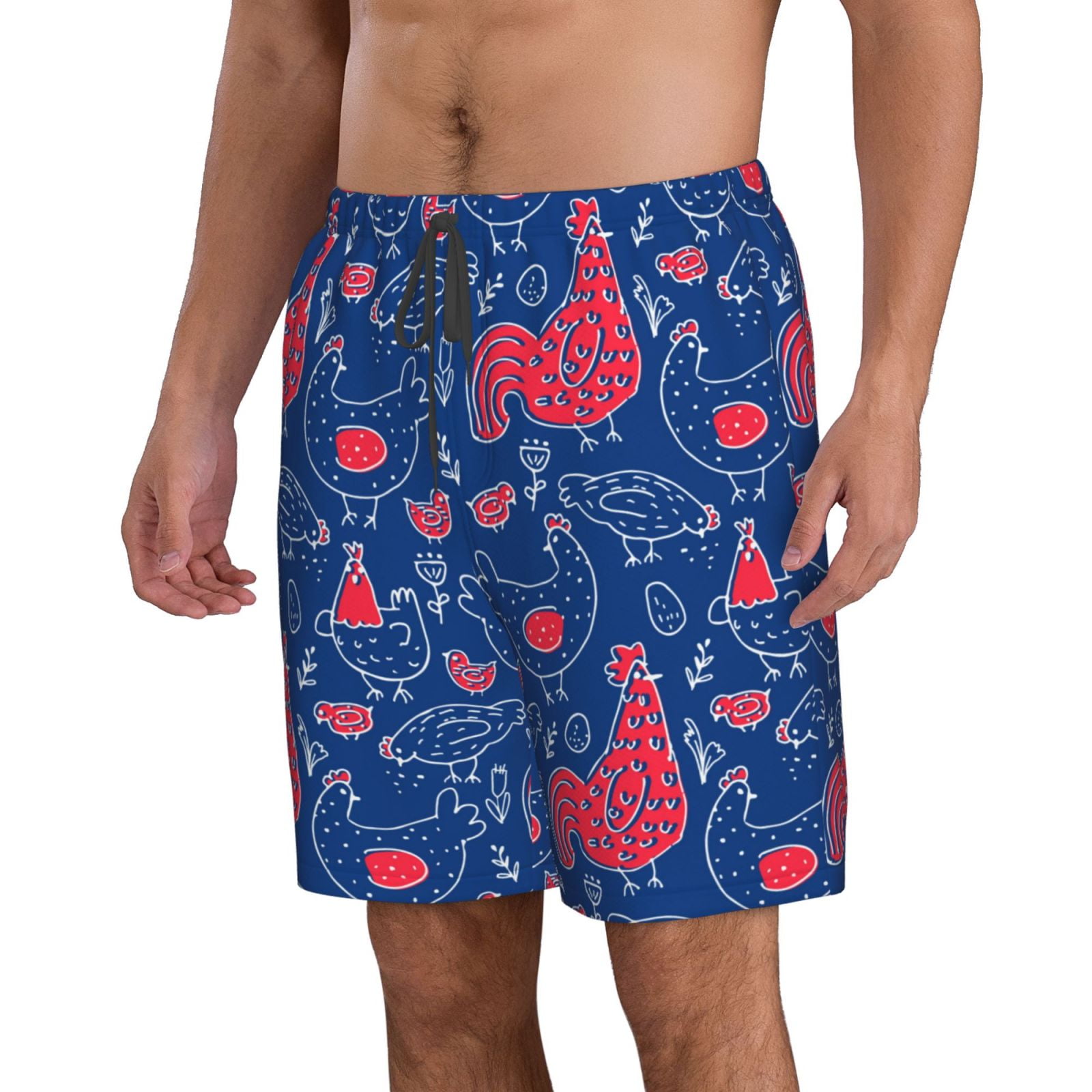 Uemuo Chicken and Rooster Pattern Men's Swim Trunks Hawaiian Beach ...