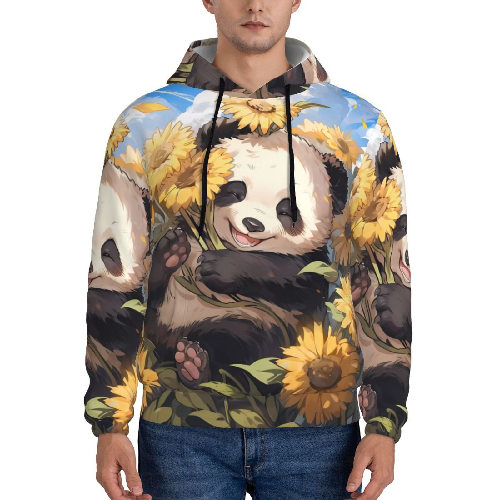 Uemuo Clear Sky Cute Sunflower Panda Pattern Men's Hoodie - Casual ...