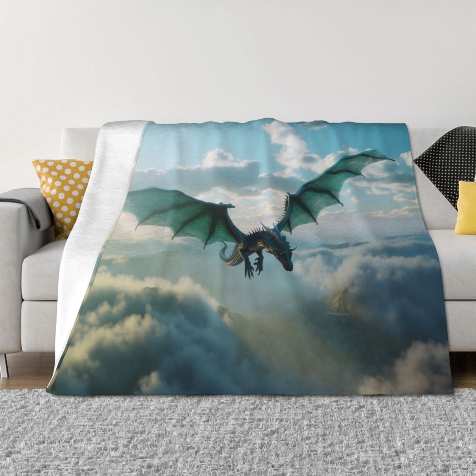 Uemuo Cloud Sky Green Dragon Printed Throw Blanket for Couch, Fluffy ...
