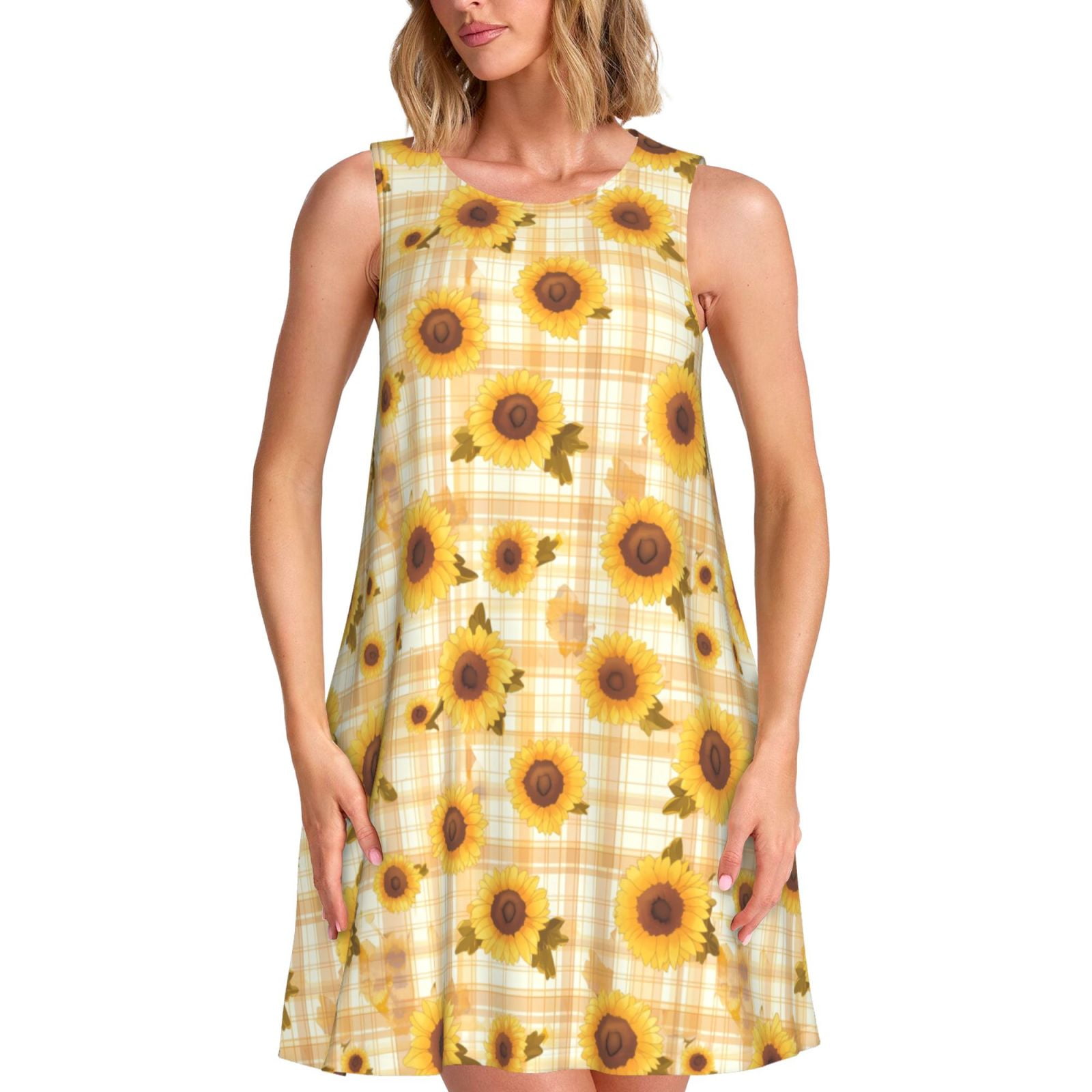 Uemuo Coffee Plaid Sunflower Pattern Women’s Sleeveless Dress – Casual ...