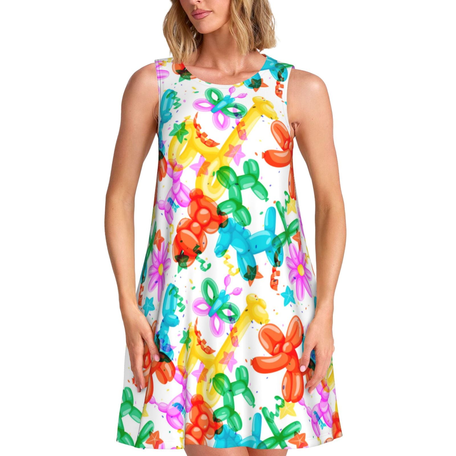 Uemuo Colorful Air Balloons Pattern Women’s Sleeveless Dress – Casual ...