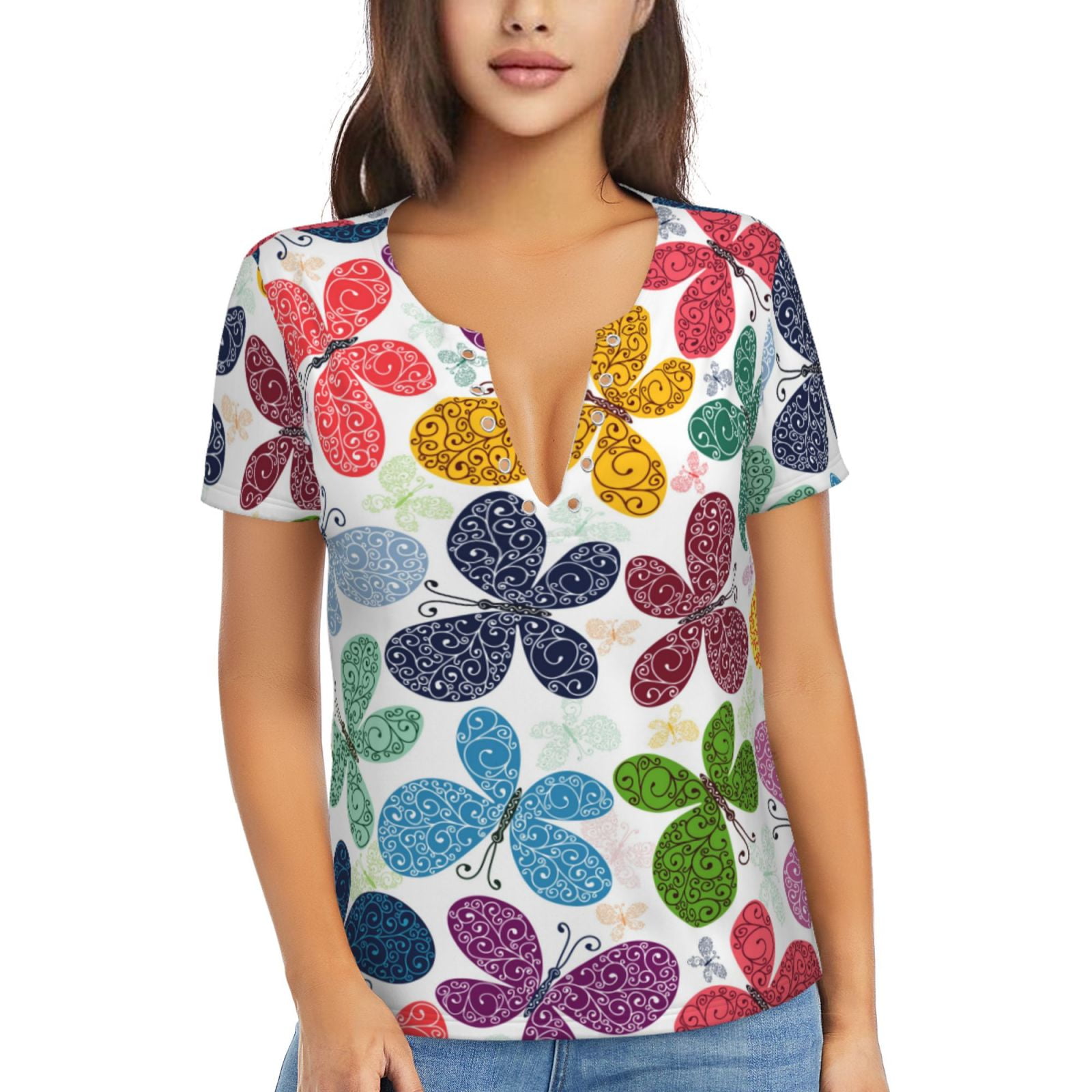 Uemuo Colorful Butterflies Drawing Women's Deep V-Neck Low Cut Tops ...