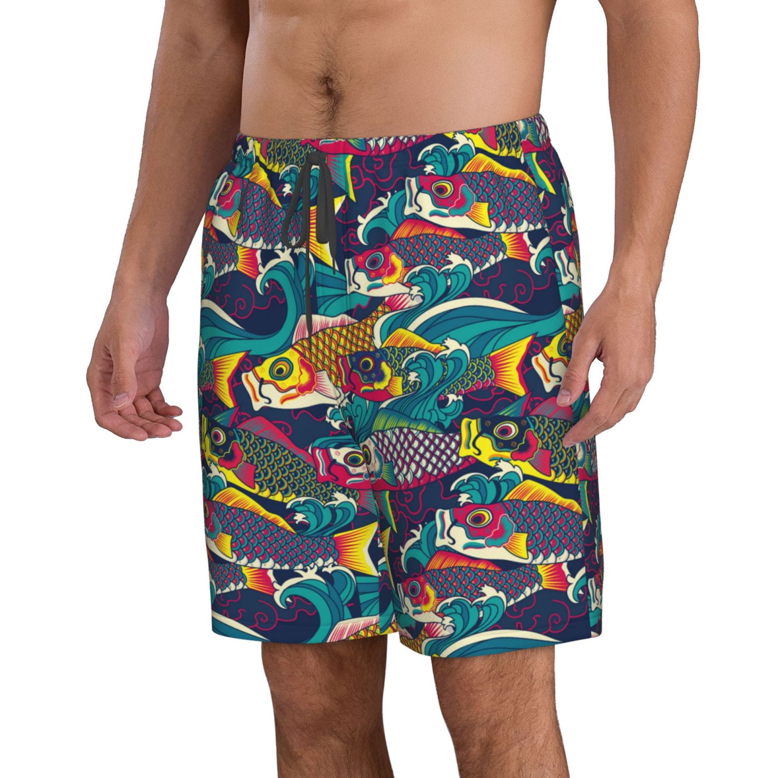 Uemuo Colorful Carp Streamer Pattern Men's Swim Trunks Hawaiian Beach ...