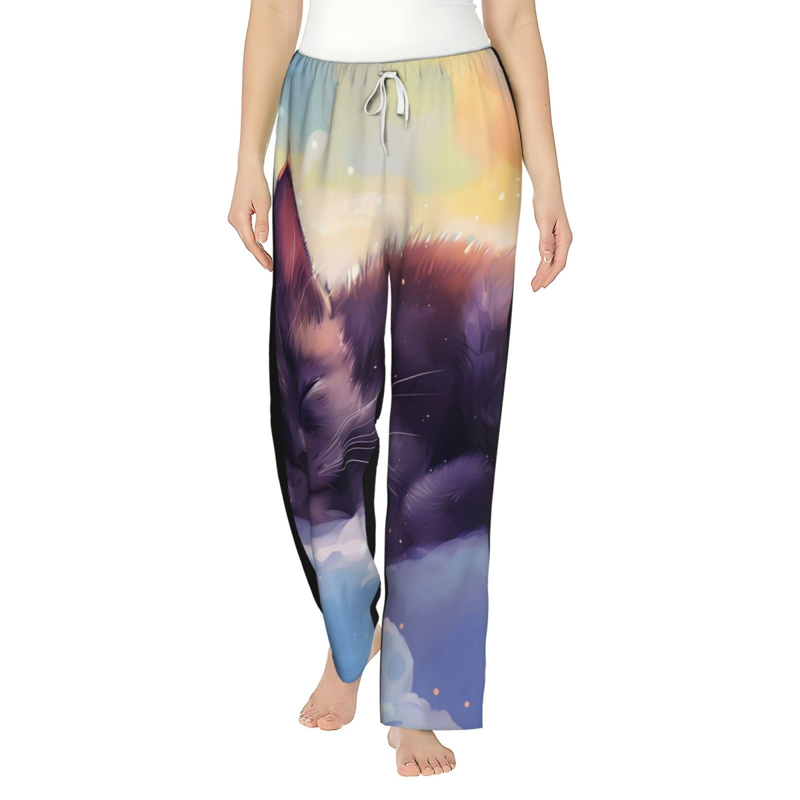 Uemuo Colorful Cloud Sleeping Cat Pattern Women's Wide Leg Palazzo Lounge Pants with Pockets ...