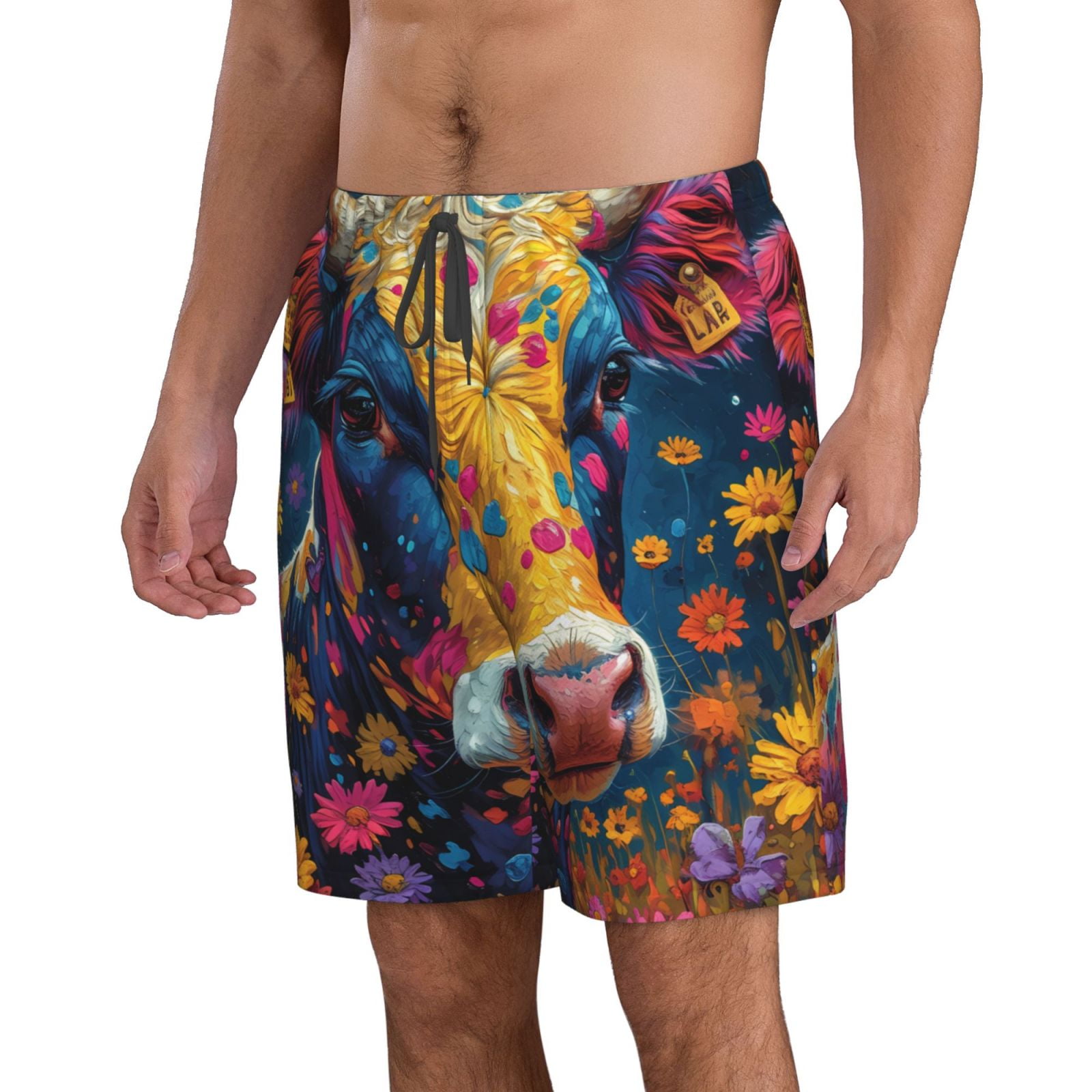 Uemuo Colorful Daisy Sunflower Cow Pattern Men's Swim Trunks Hawaiian ...
