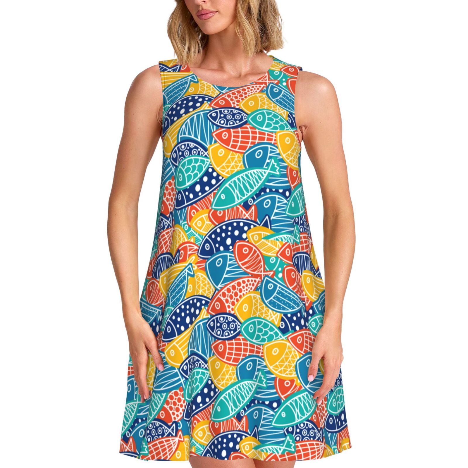 Uemuo Colorful Fish 1 Pattern Women’s Sleeveless Dress – Casual Summer ...