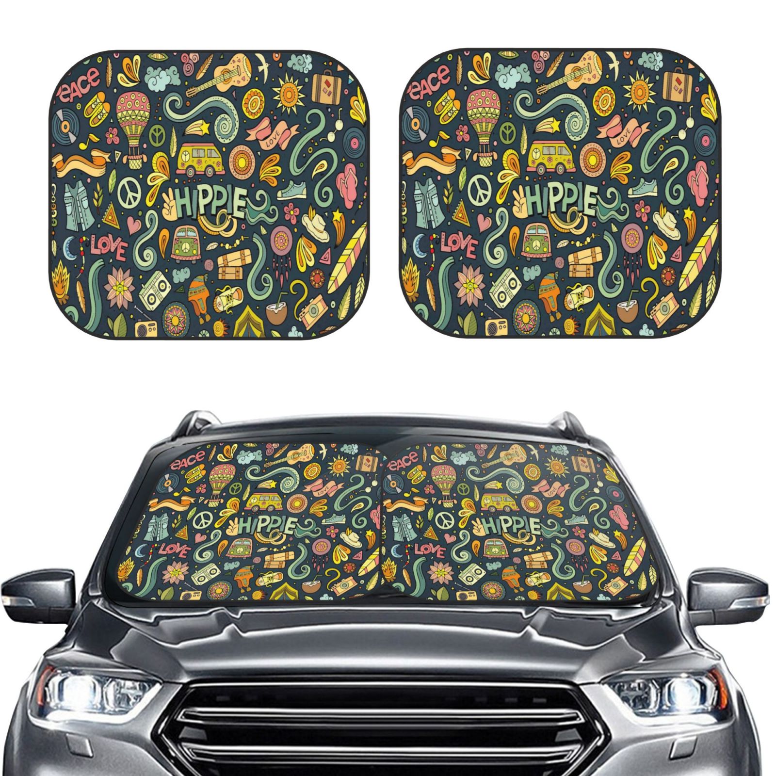 Uemuo Colorful Hippie Printed 2 PCS Car Windshield Sun Shade, Auto Sun ...