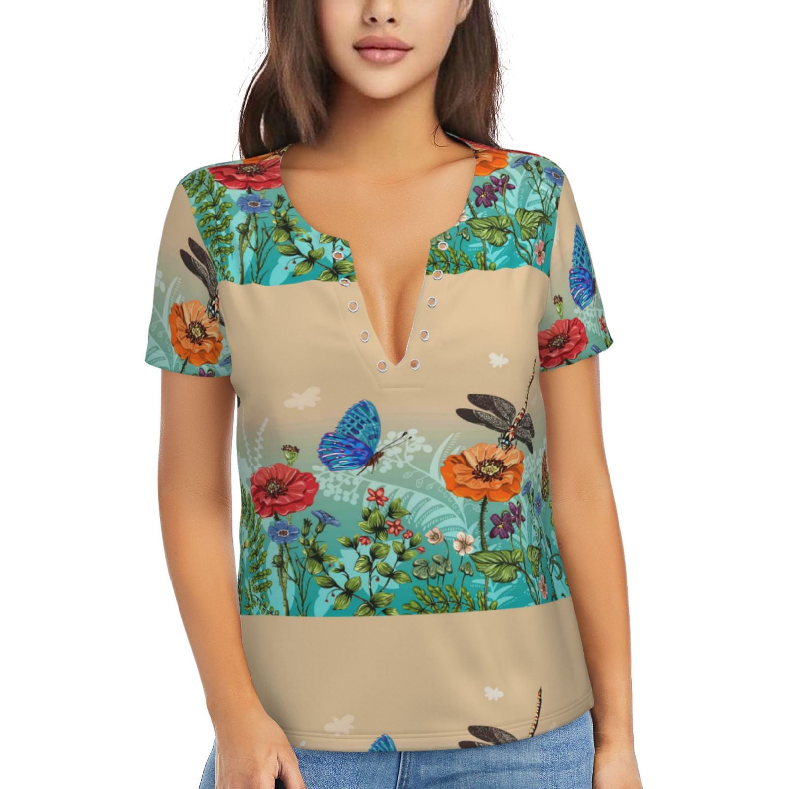 Uemuo Colorful Plants And Insects Drawing Women's Deep V-Neck Low Cut ...