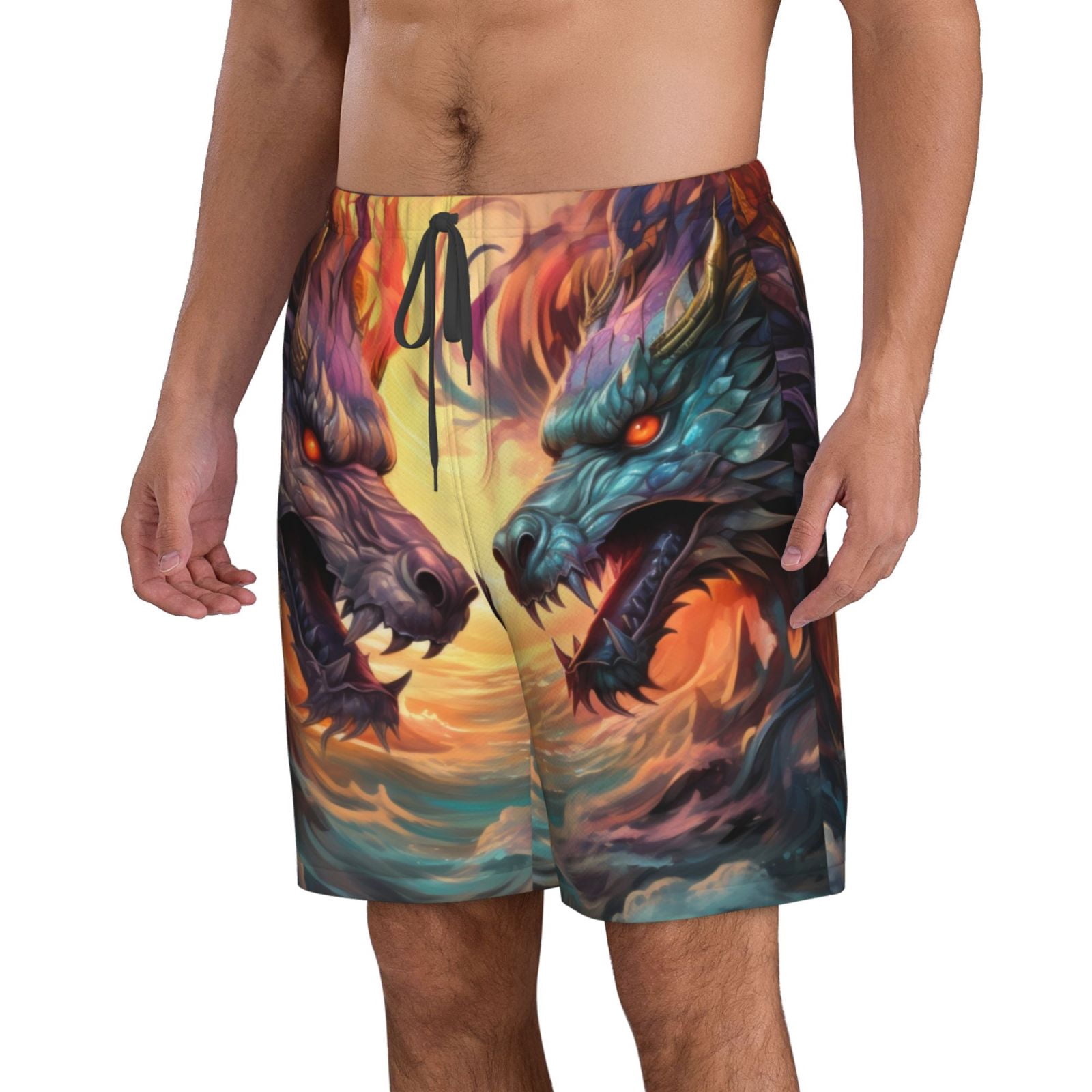 Uemuo Colorful Wave Dragon Head Pattern Men's Swim Trunks Hawaiian ...