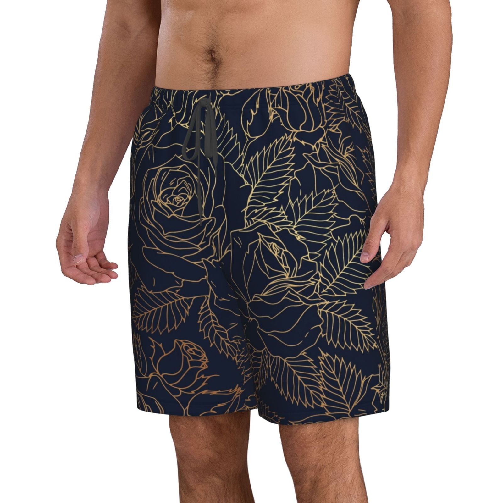 Uemuo Copper-Gold Gloss Outline Rose Pattern Men's Swim Trunks Hawaiian ...