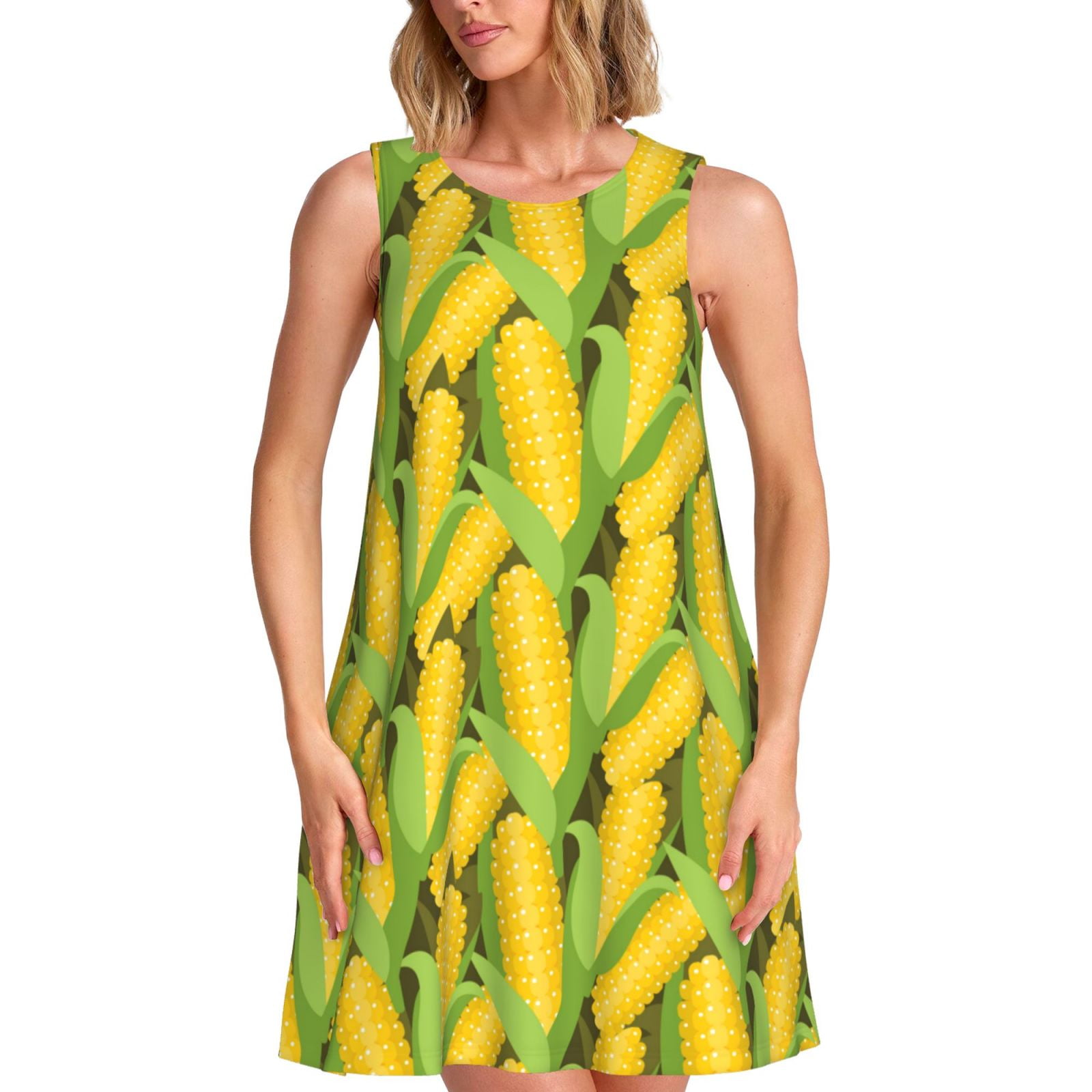 Uemuo Corn 1 Pattern Women’s Sleeveless Dress – Casual Summer A-Line ...
