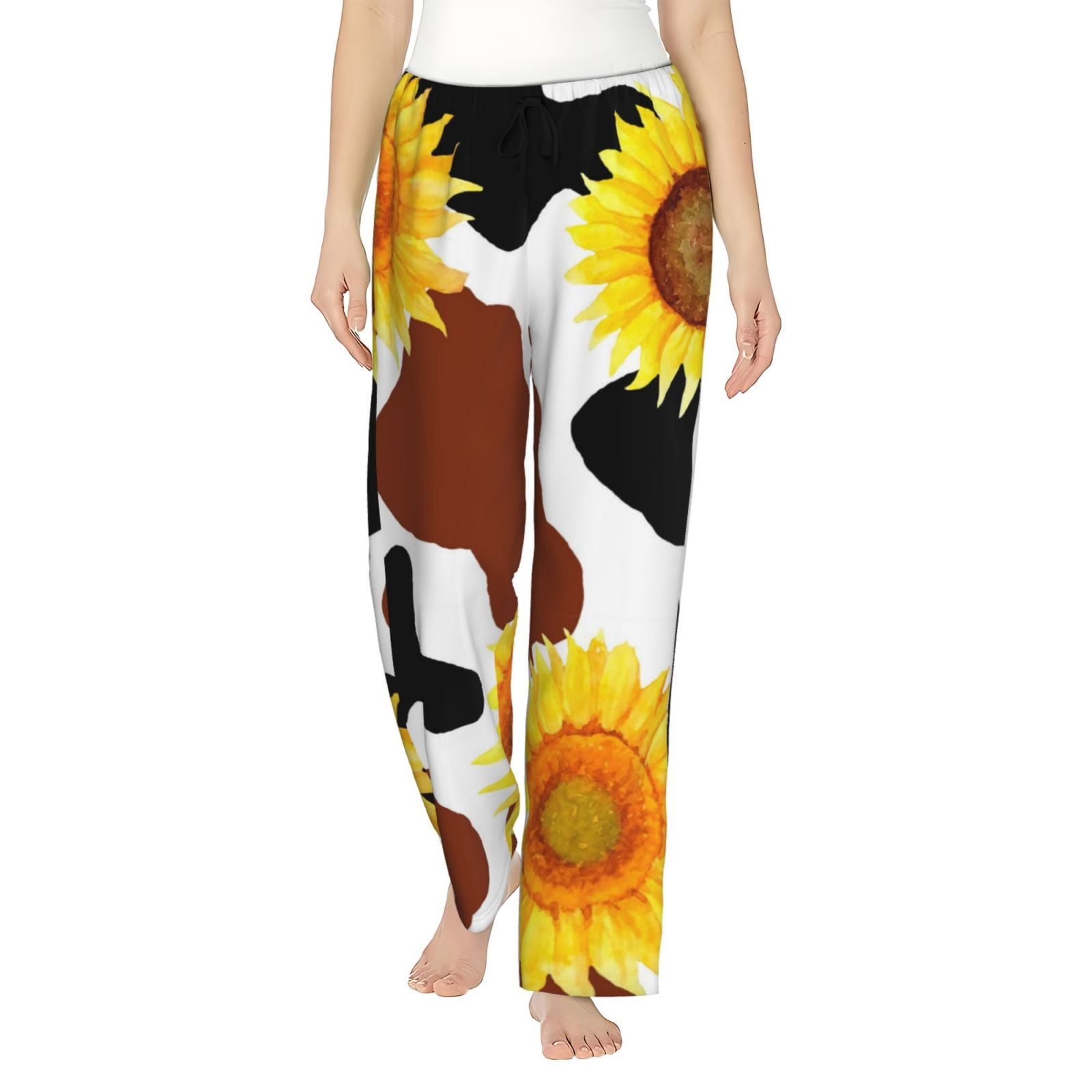Uemuo Cow Print Sunflower Pattern Women's Wide Leg Palazzo Lounge Pants ...