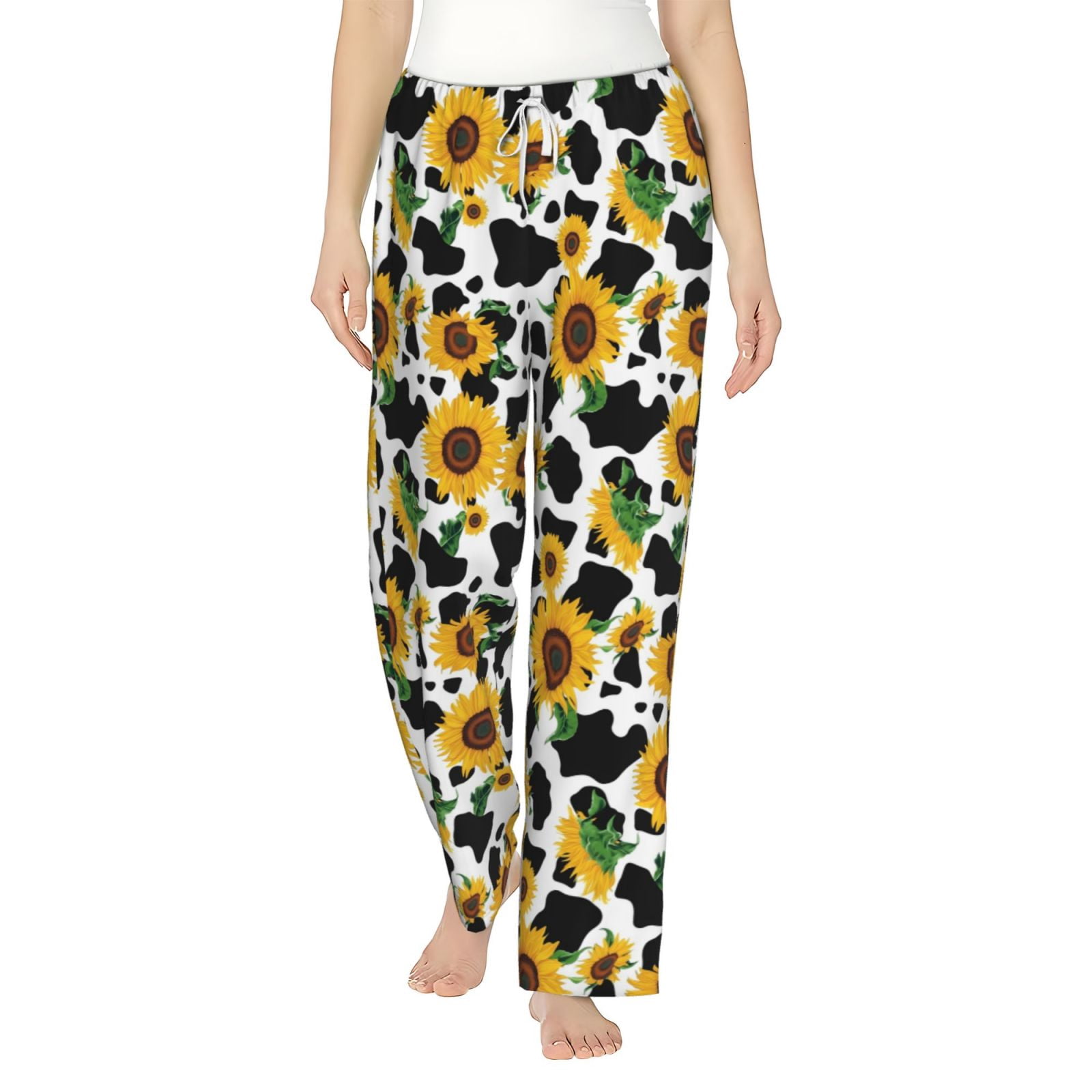 Uemuo Cow Print Sunflower Pattern Women's Wide Leg Palazzo Lounge Pants ...