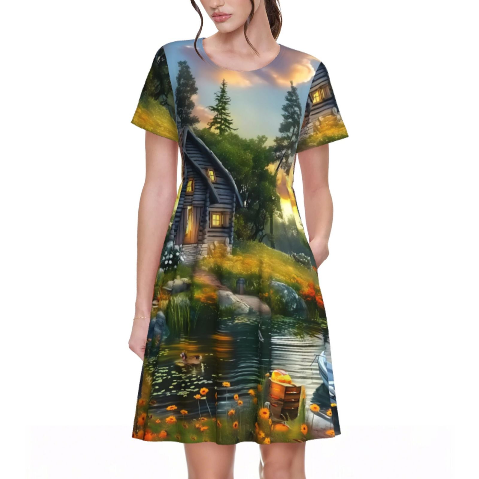 Uemuo Cozy Cottage Lakeside Sunset Print Womens Summer Dress Casual ...