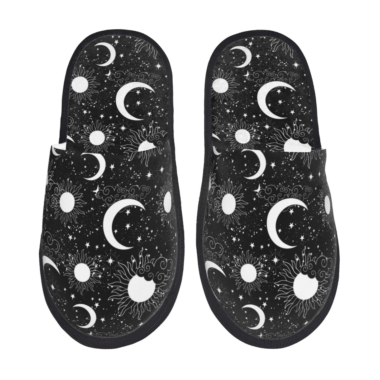 Uemuo Crescent and Stars Printe Plush Furry Slippers with EVA Sole for ...