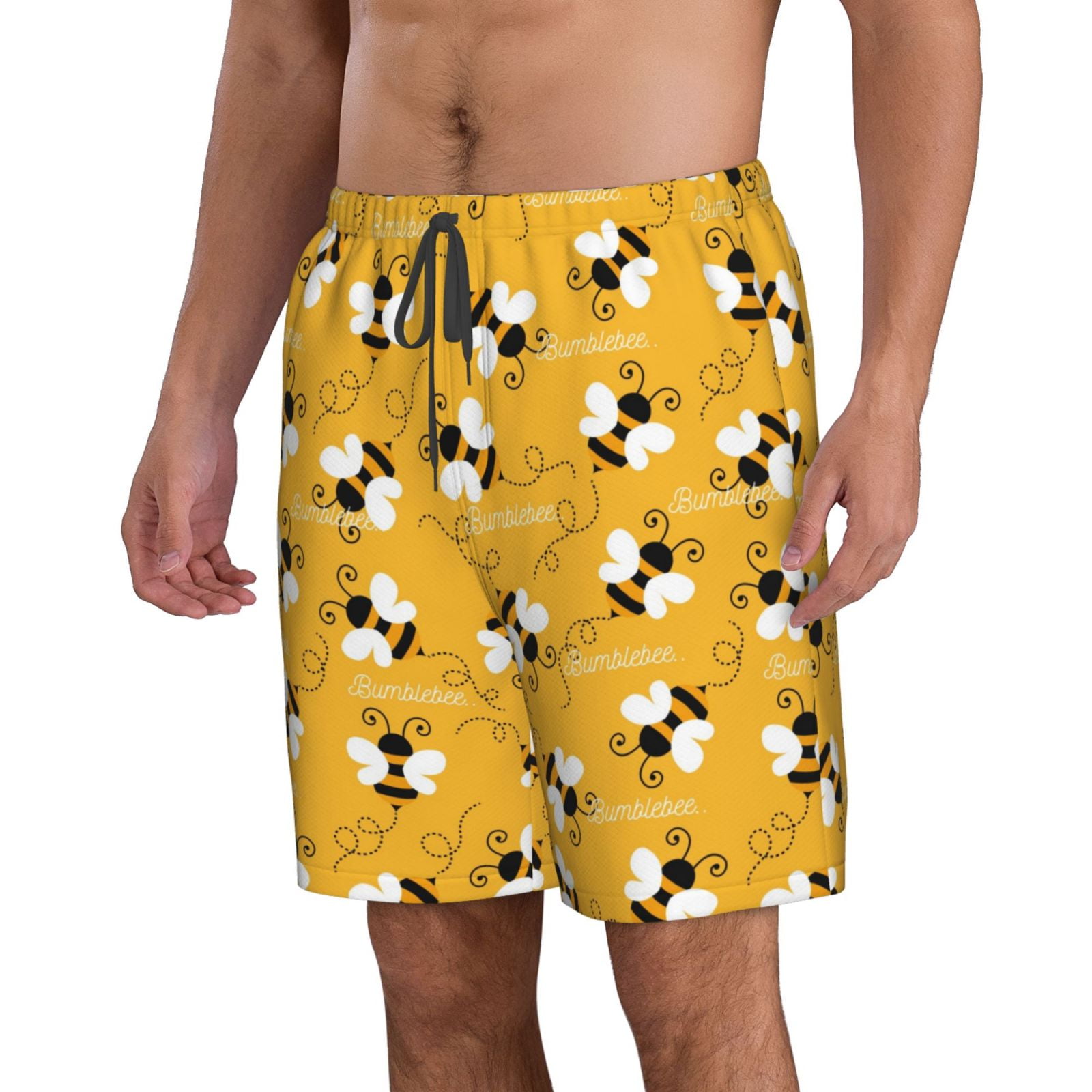Uemuo Cute Bee Butterfly Yelllow Pattern Men's Swim Trunks Hawaiian ...