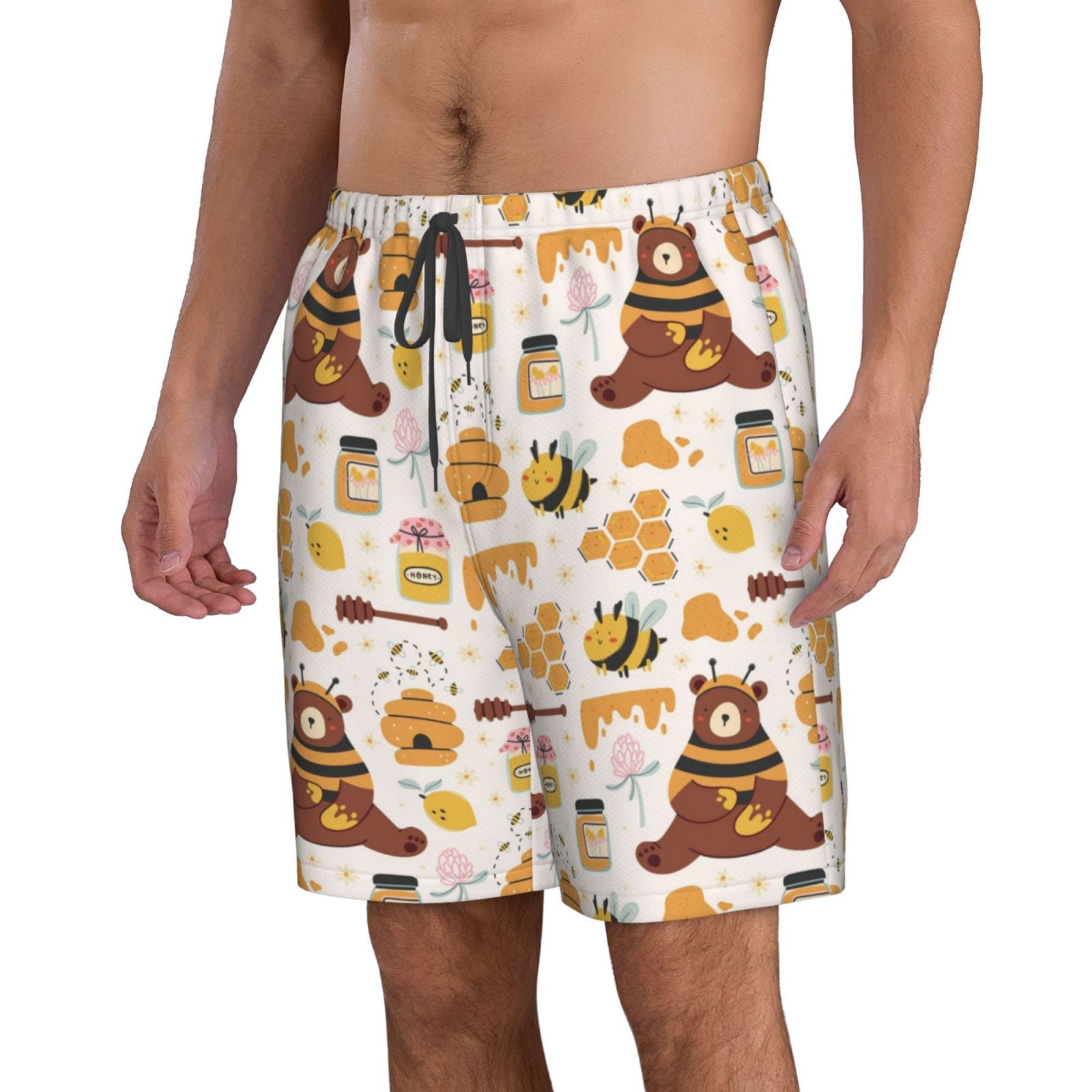 Uemuo Cute Bee Honey Jar Hive Bear Pattern Men's Swim Trunks Hawaiian ...
