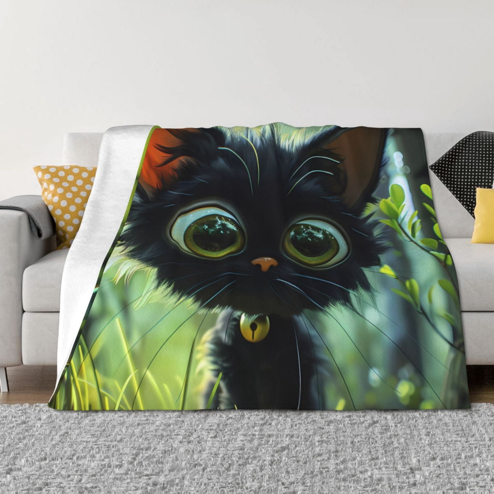 Uemuo Cute Big-Eyed Black Cat Printed Throw Blanket for Couch, Fluffy ...