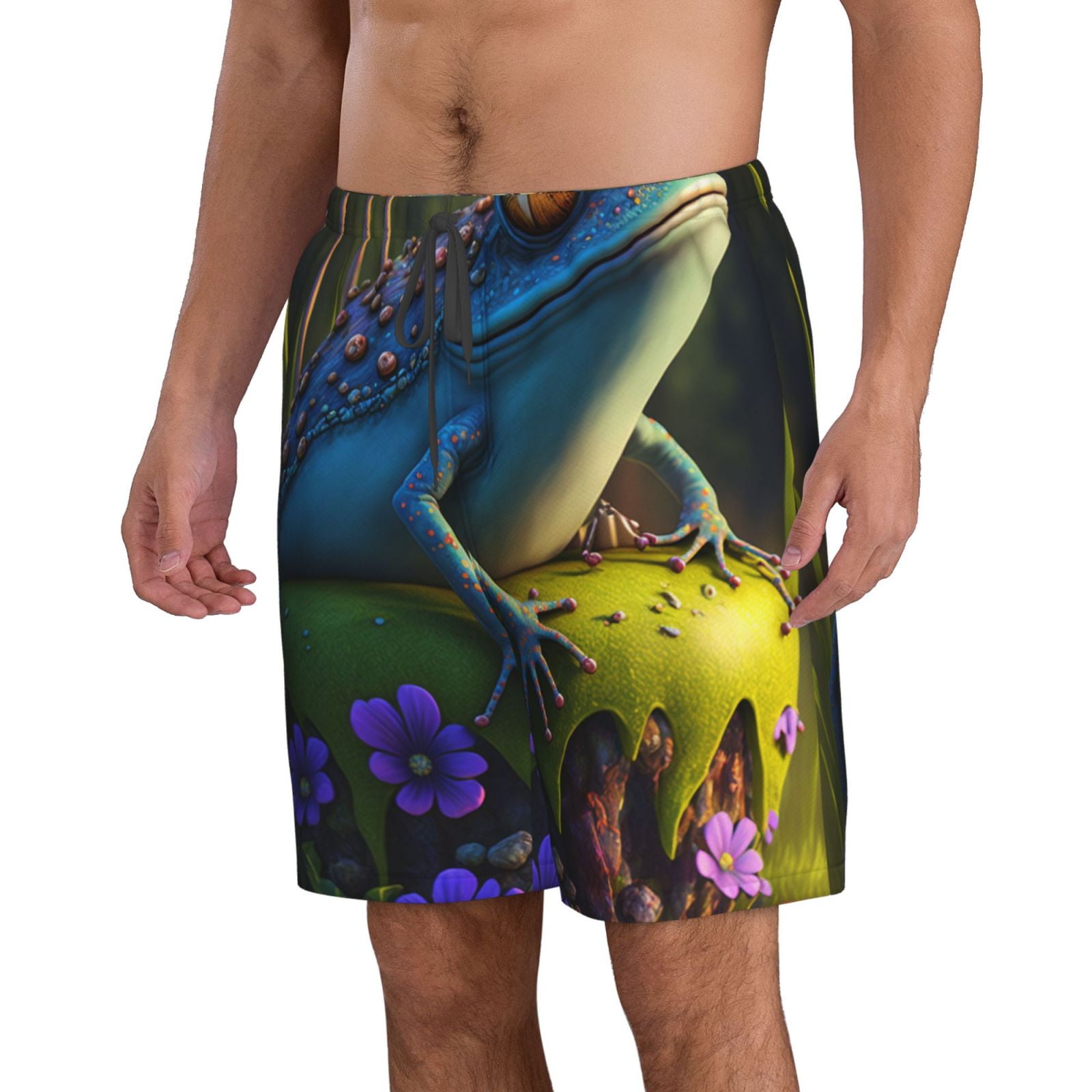 Uemuo Cute Blue Frog Pattern Men's Swim Trunks Hawaiian Beach Bathing ...