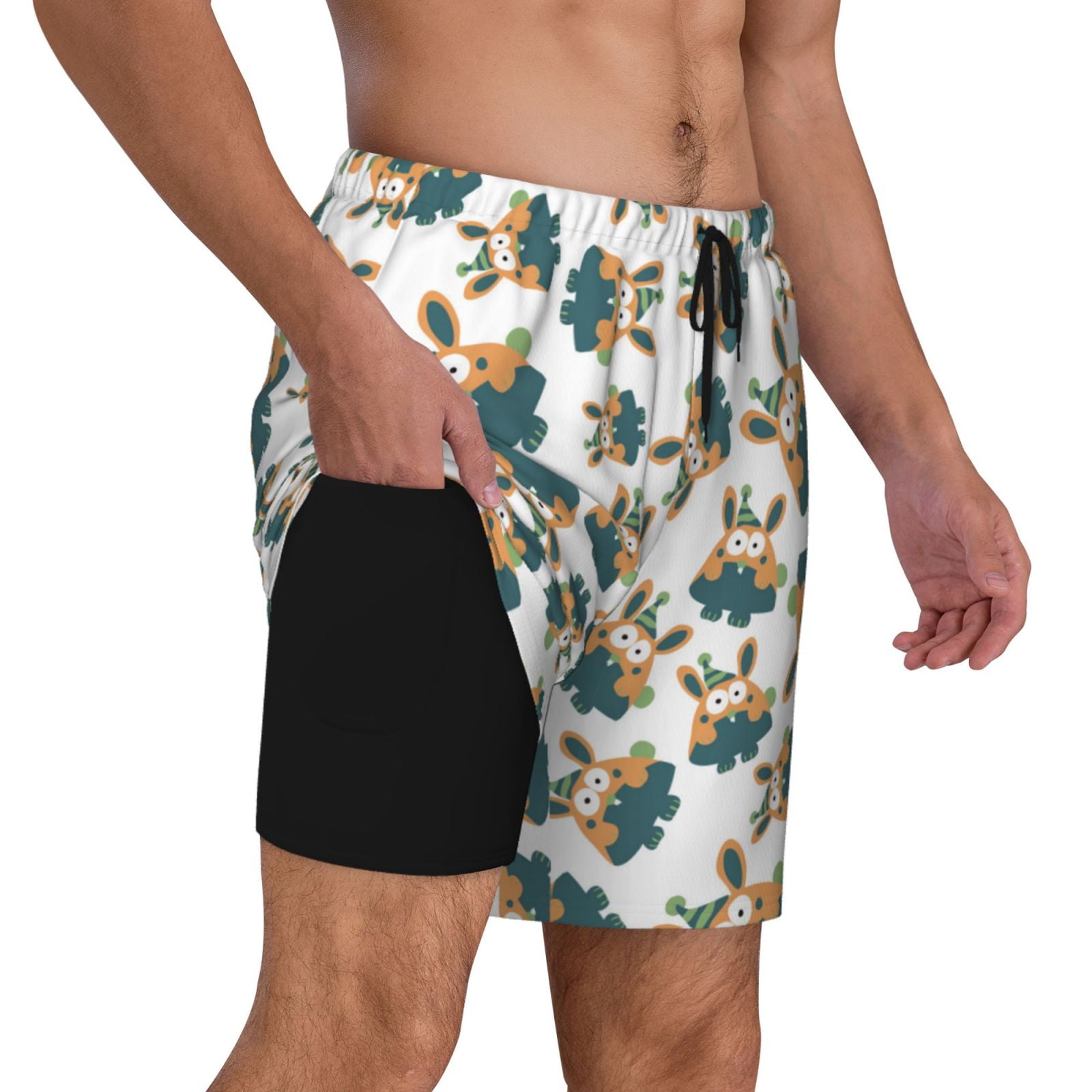 Uemuo Cute Bunny Pattern Mens Swim Trunks Quick Dry Board Shorts With