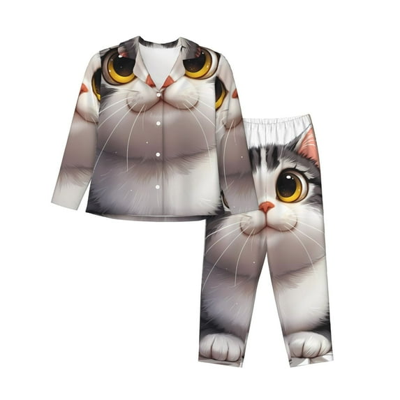 Uemuo Cute Cartoon Kitten Pattern Womens Pajama Sets,PJ Set for Women ...