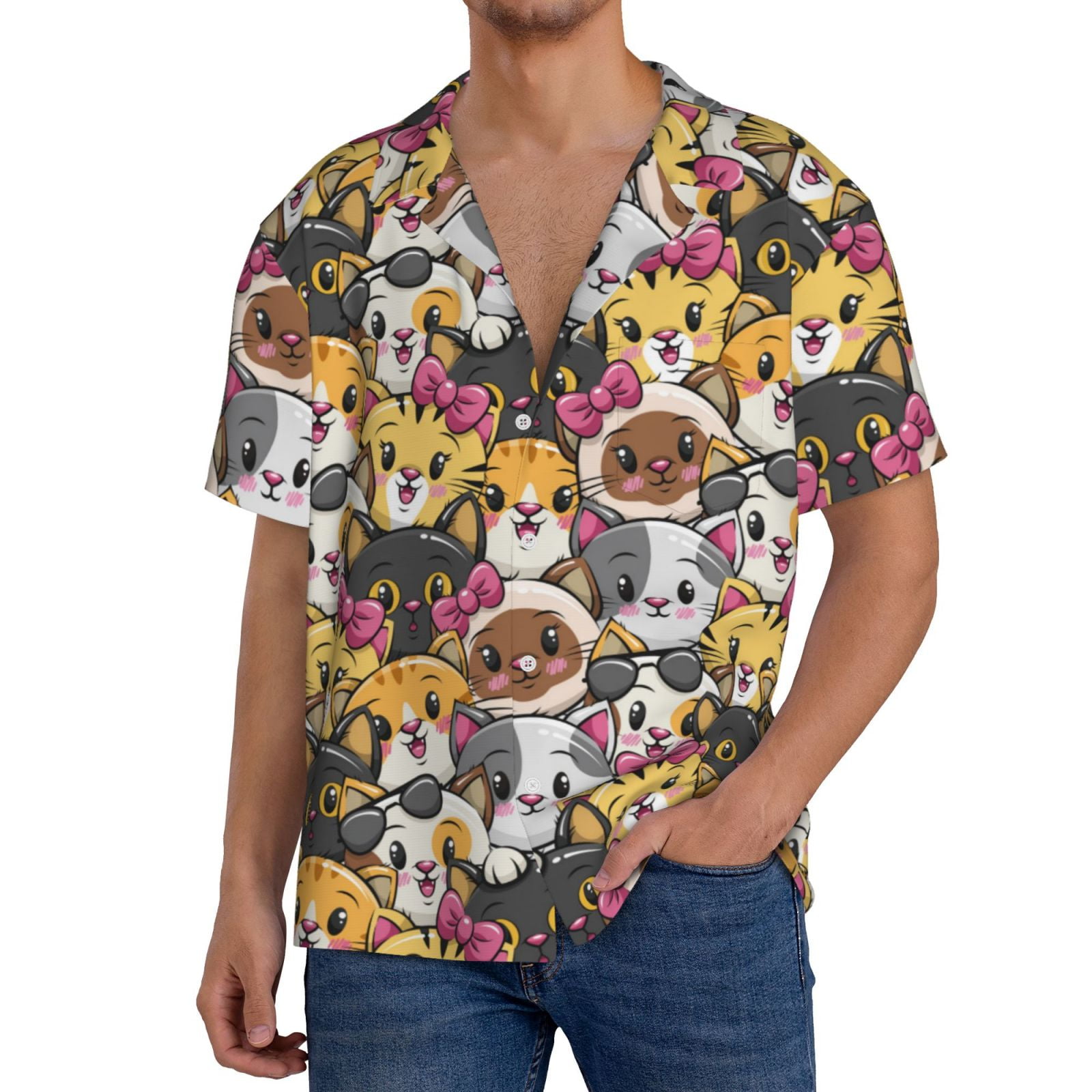 Uemuo Cute Cat Pattern Cotton Linen Short Sleeve Shirts,Casual ...