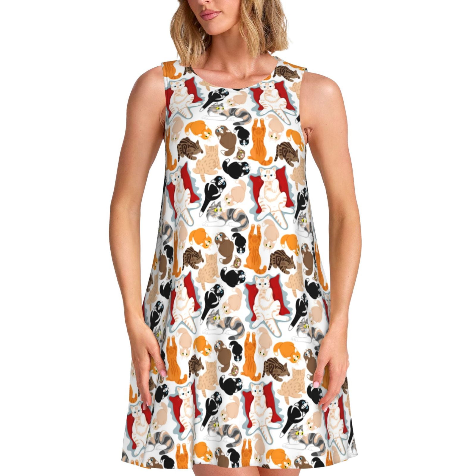 Uemuo Cute Cats Pattern Women’s Sleeveless Dress – Casual Summer A-Line ...