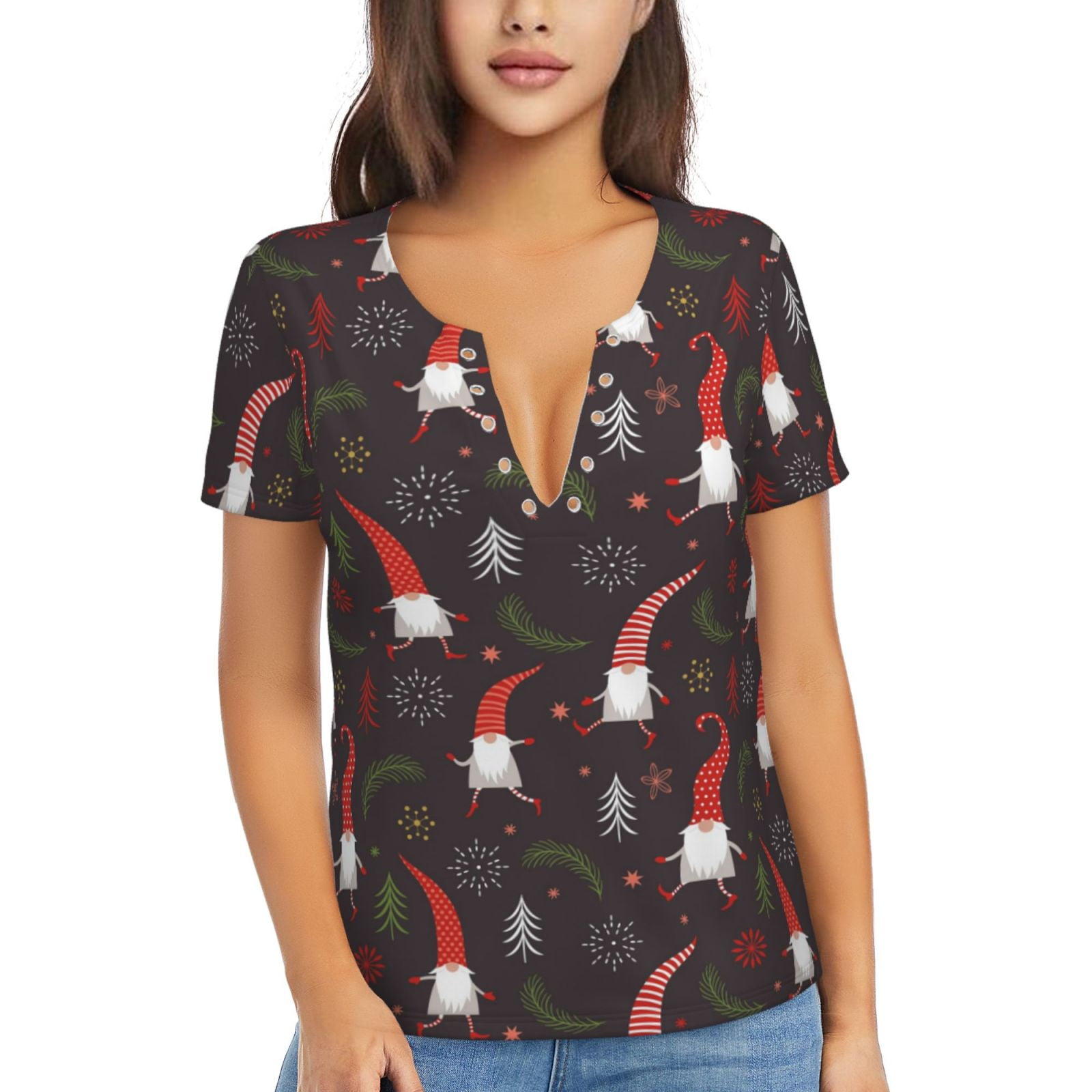 Uemuo Cute Christmas Gnomes Drawing Women's Deep V-Neck Low Cut Tops ...