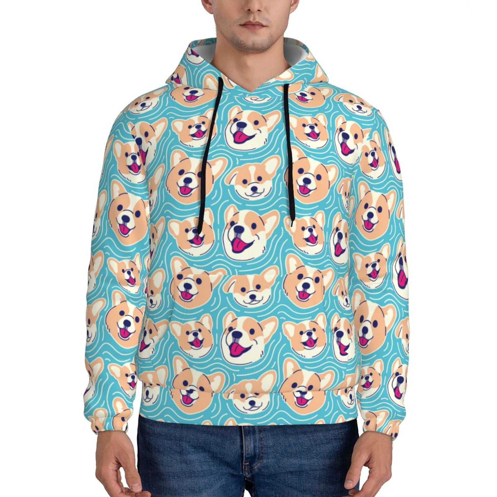 Uemuo Cute Corgi Head Pattern Men's Hoodie - Casual Pullover Hoodie ...