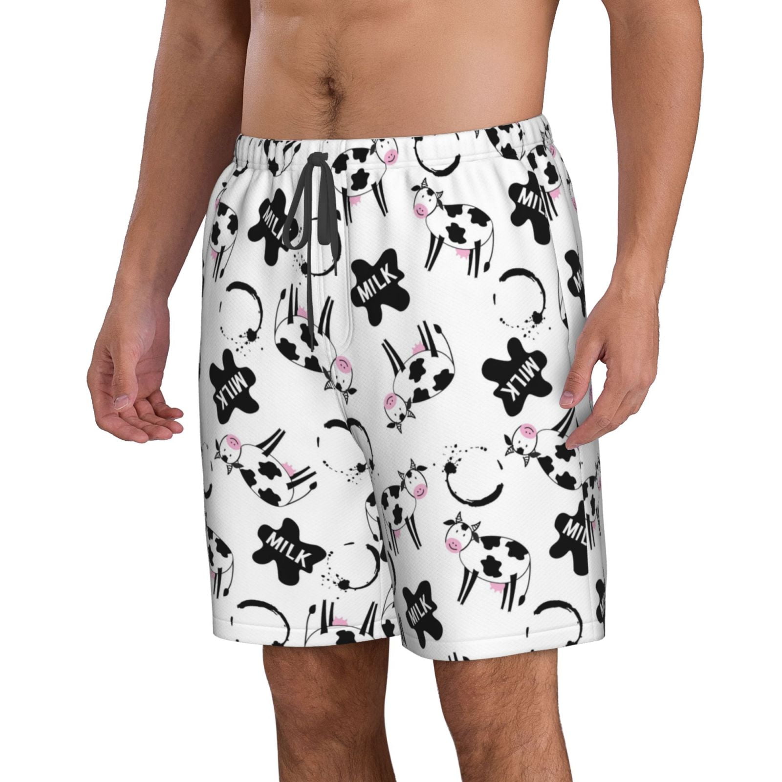 Uemuo Cute Cow and Milk Stains Pattern Men's Swim Trunks Hawaiian Beach ...