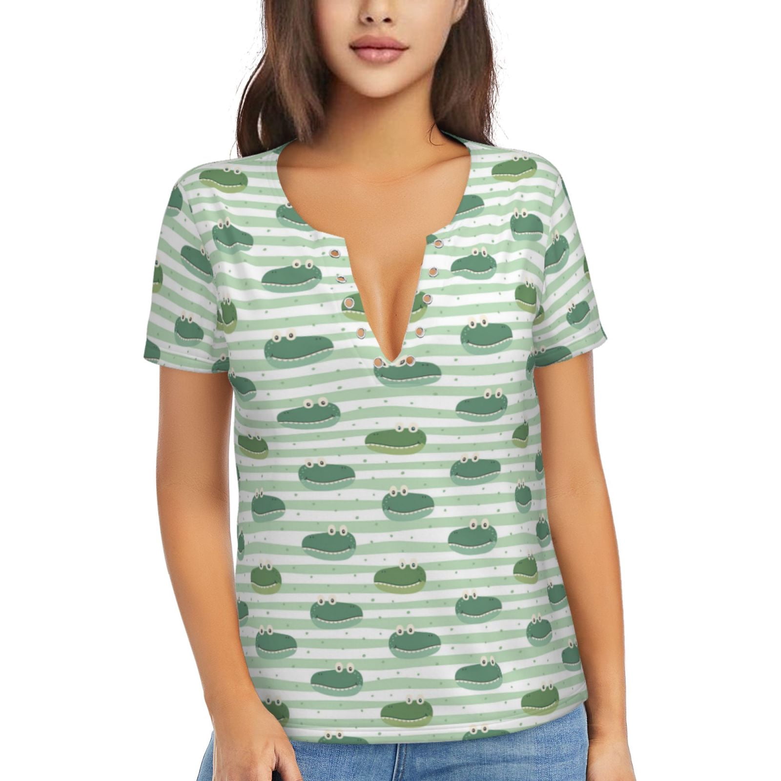 Uemuo Cute Crocodile Drawing Women's Deep V-Neck Low Cut Tops - Casual ...