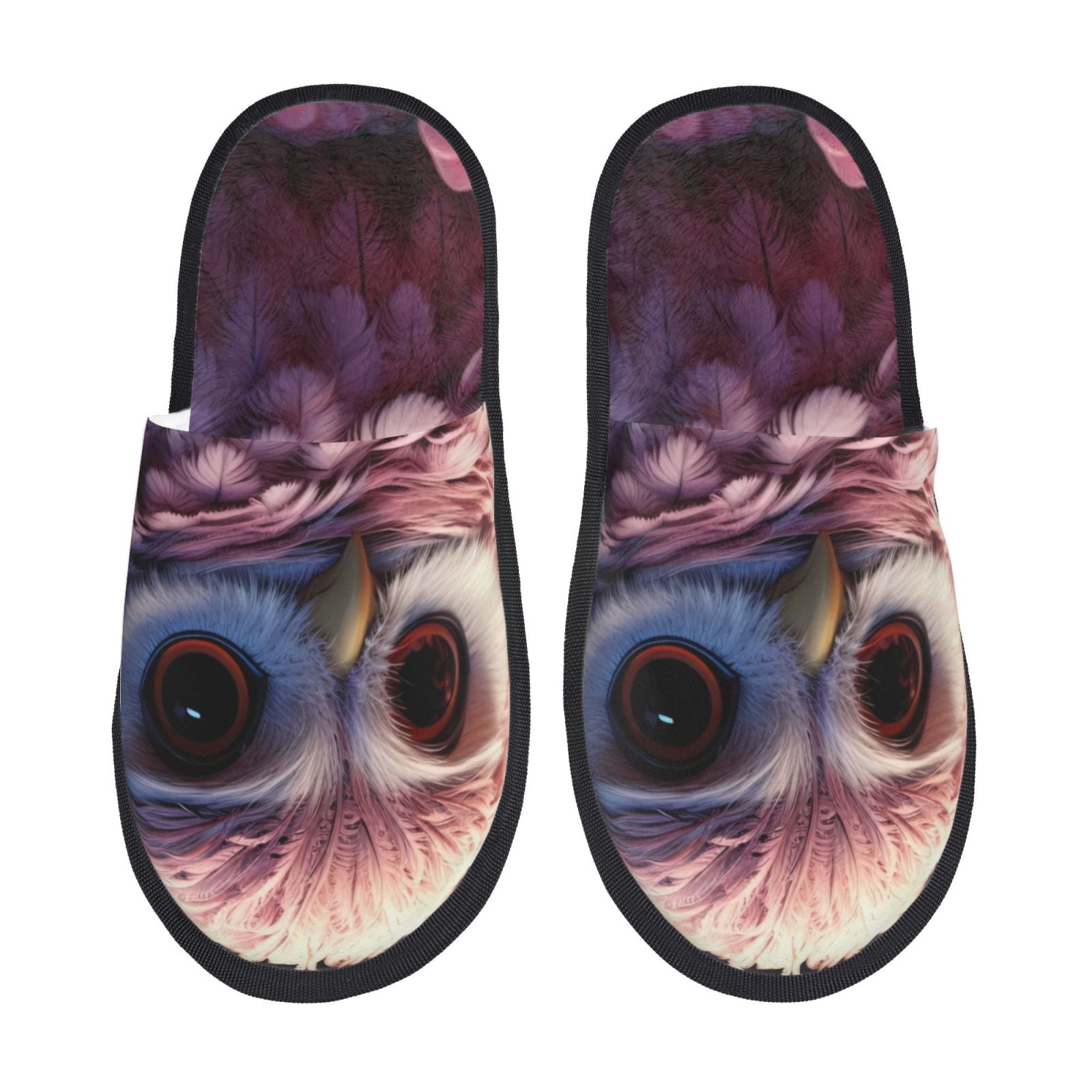 Uemuo Cute Flower Owl Printe Plush Furry Slippers with EVA Sole for Men ...