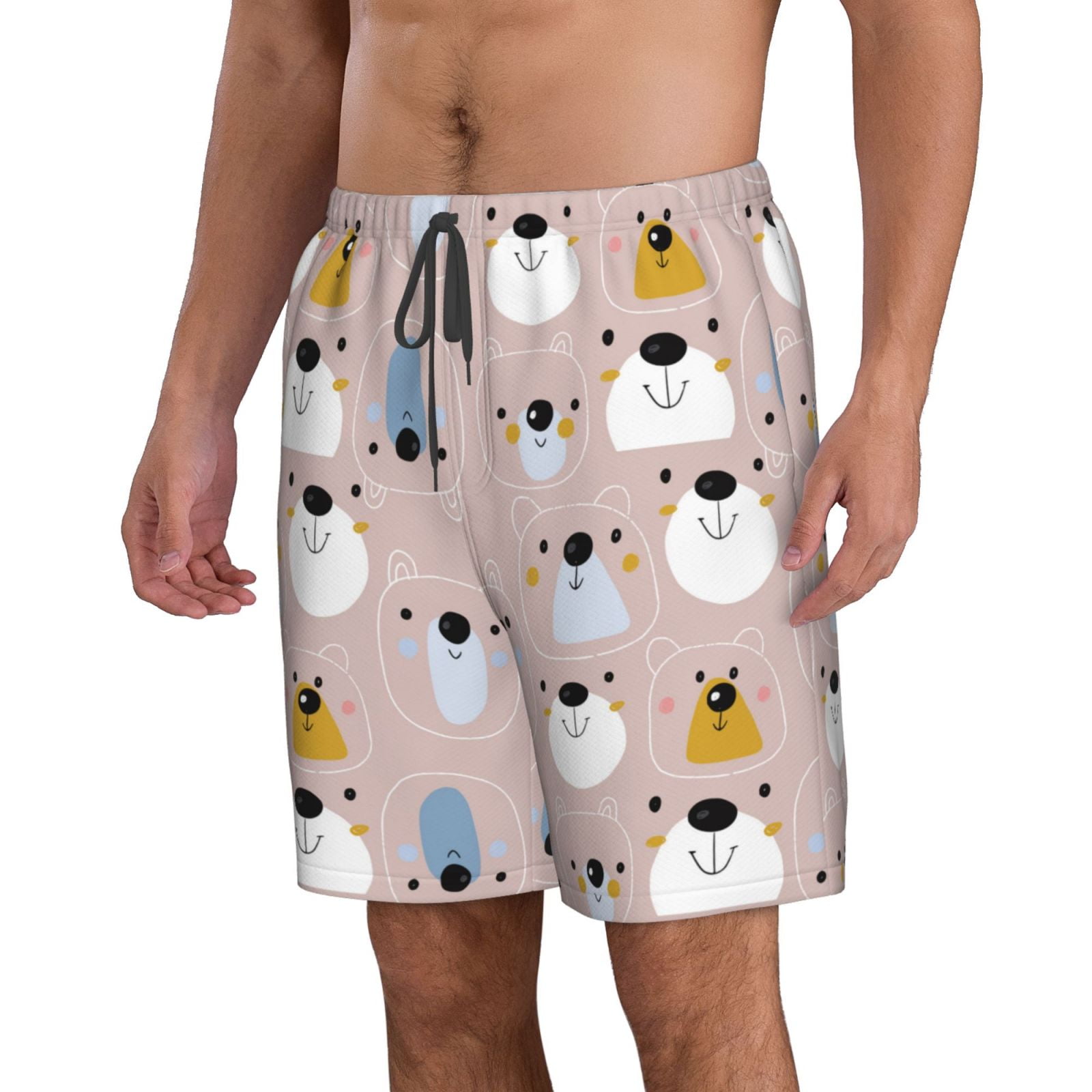 Uemuo Cute Hand Drawn Bear Pattern Men's Swim Trunks Hawaiian Beach ...