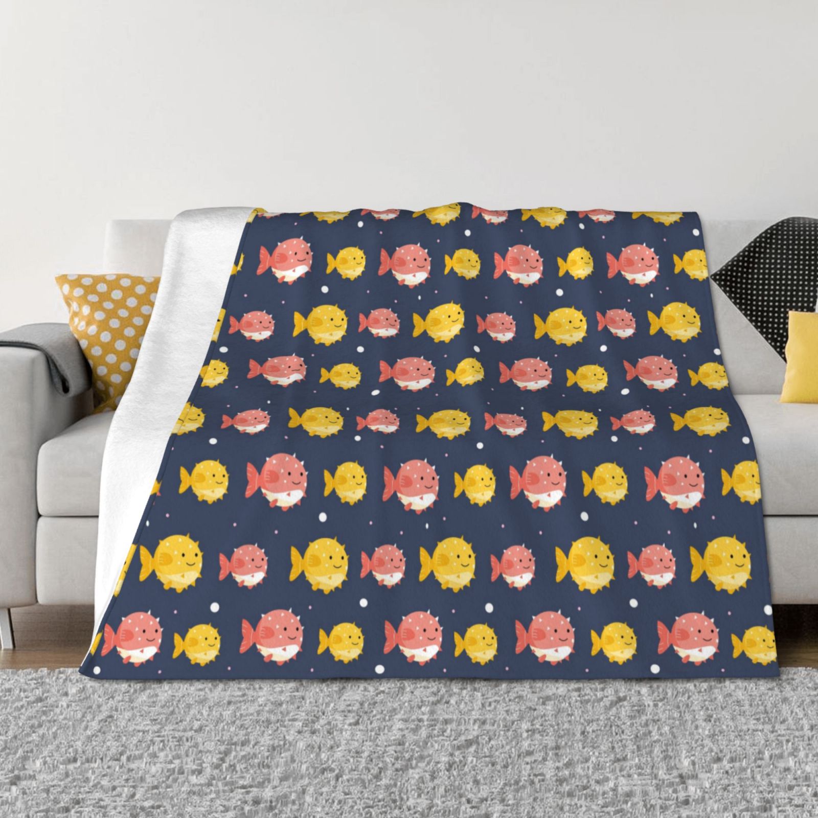 Uemuo Cute Puffer Fish Printed Throw Blanket for Couch, Fluffy Fuzzy ...