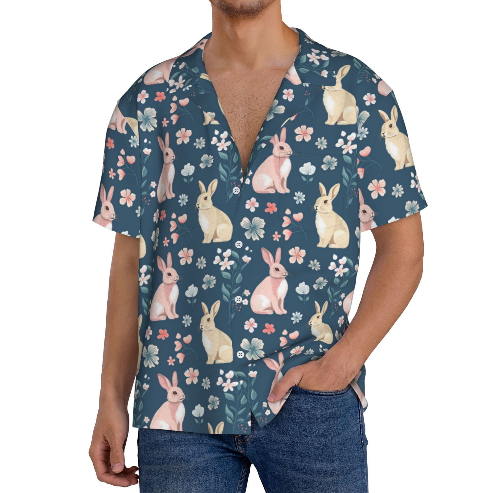 Uemuo Cute Rabbit Floral Pattern Cotton Linen Short Sleeve Shirts ...