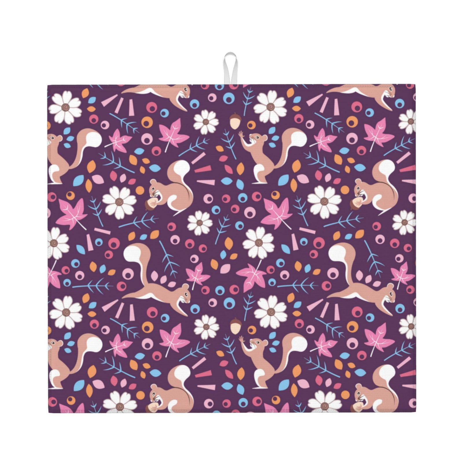 Uemuo Cute Squirrel Floral Pattern Dish Drying Mat,16*18 inch Absorbent ...