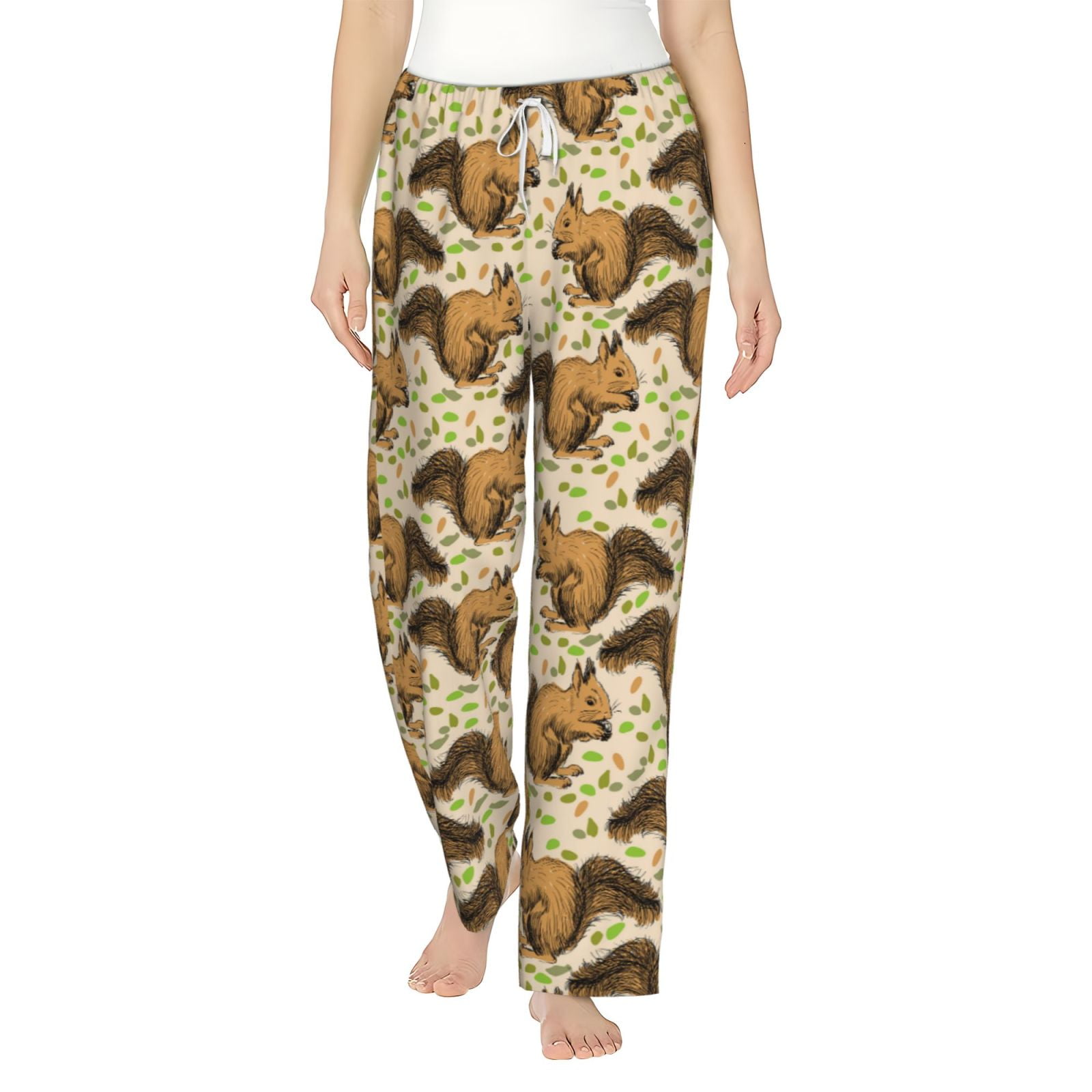 Uemuo Cute Squirrel with Green Leaves Pattern Women's Wide Leg Palazzo ...