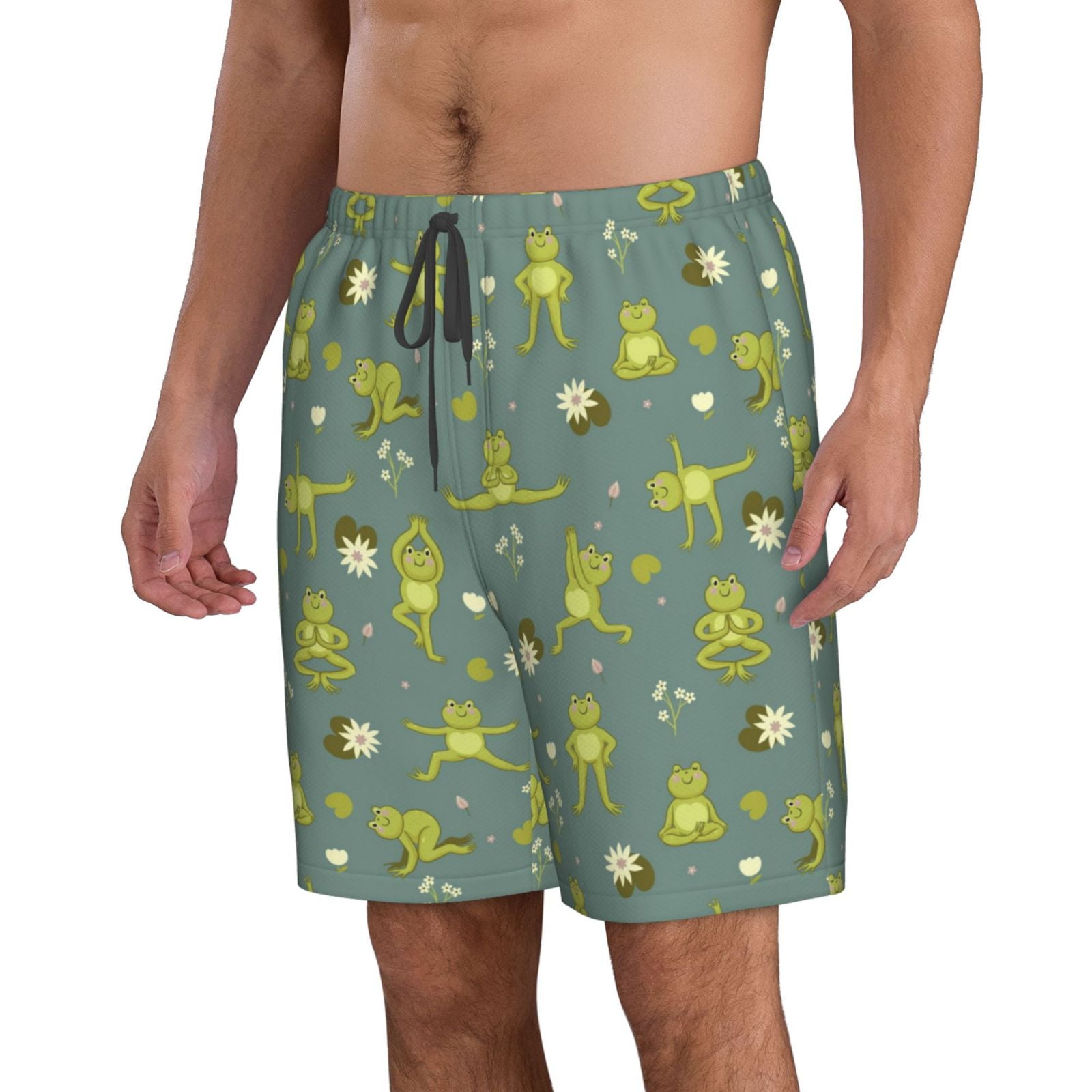 Uemuo Cute Yoga Frogs Pattern Men's Swim Trunks Hawaiian Beach Bathing ...