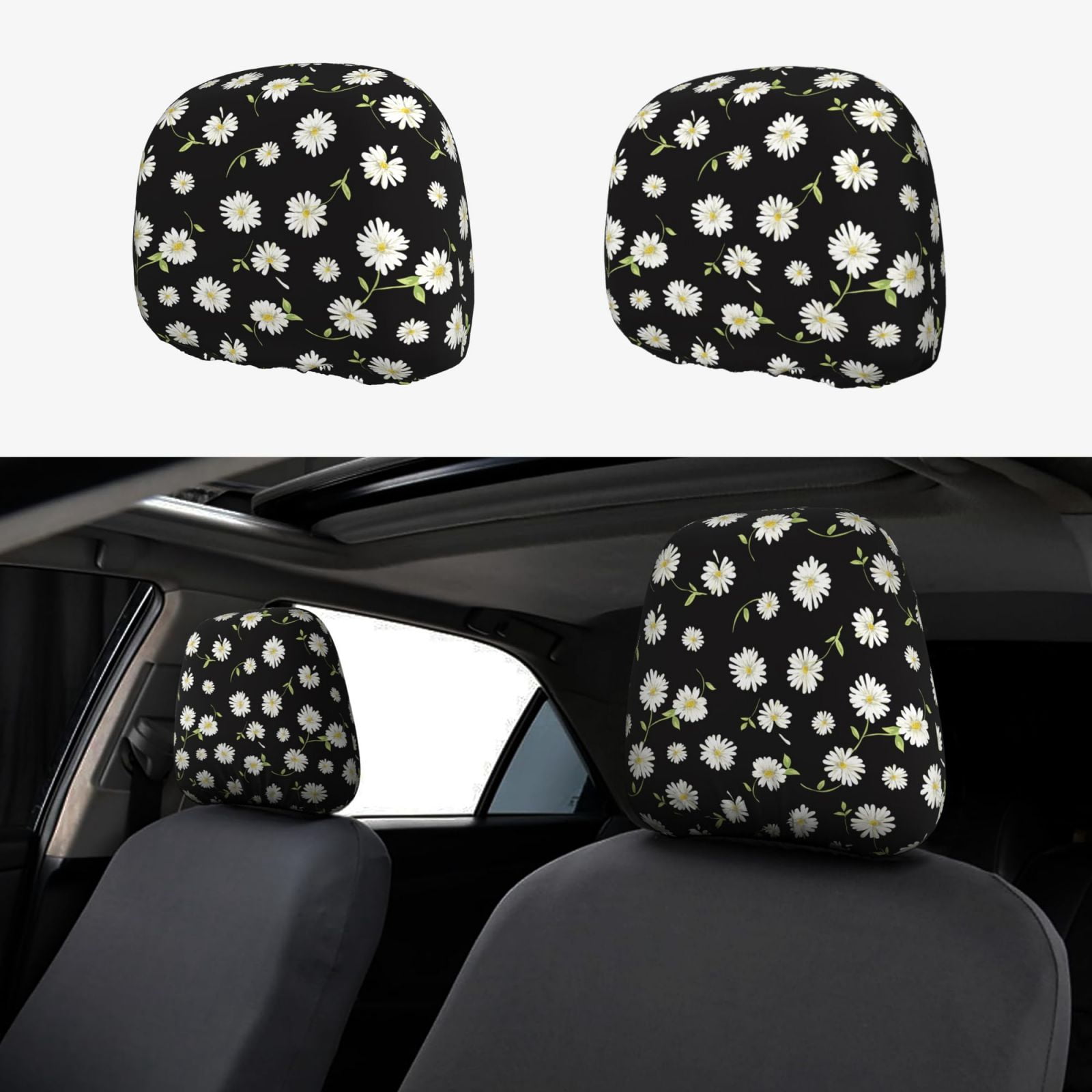 Uemuo Daisies Flowers Printed 2 PCS Car All-Inclusive Headrest Cover ...