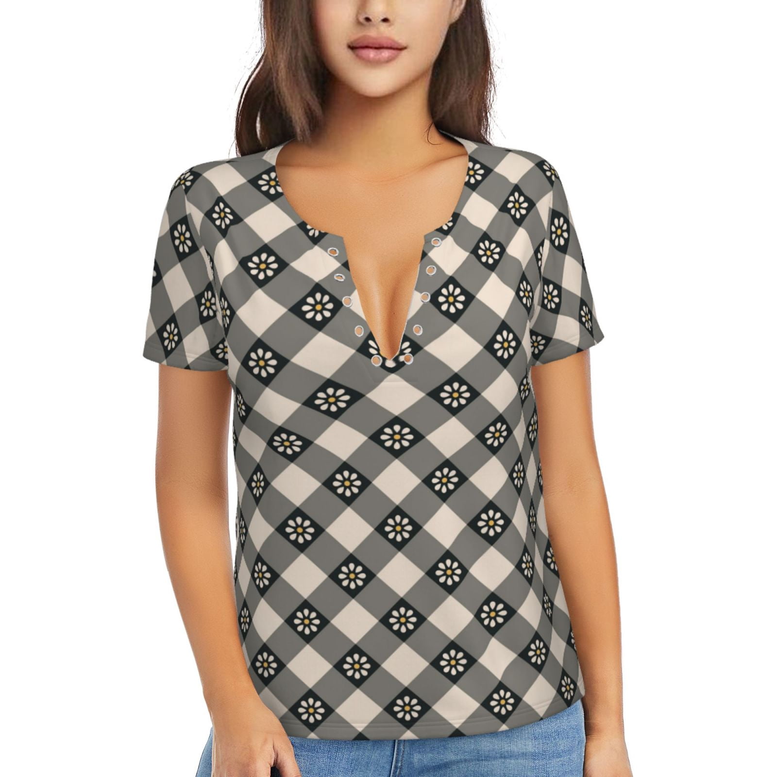 Uemuo Daisy Plaid Black Drawing Women's Deep V-Neck Low Cut Tops ...
