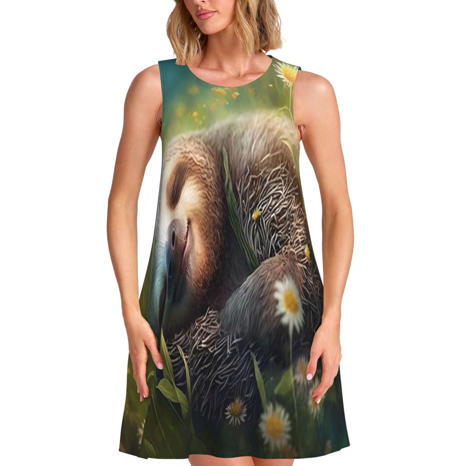 Uemuo Daisy Sleeping Sloth Pattern Women’s Sleeveless Dress – Casual ...