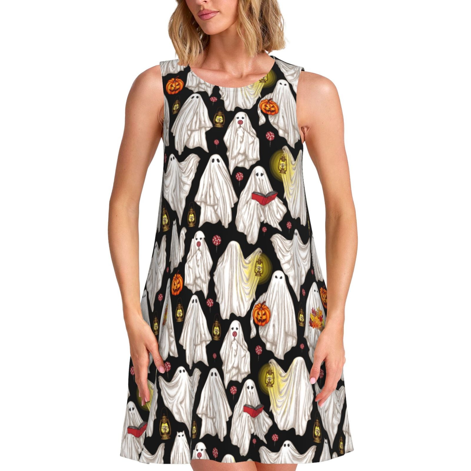 Uemuo Different Ghosts Pattern Women’s Sleeveless Dress – Casual Summer ...