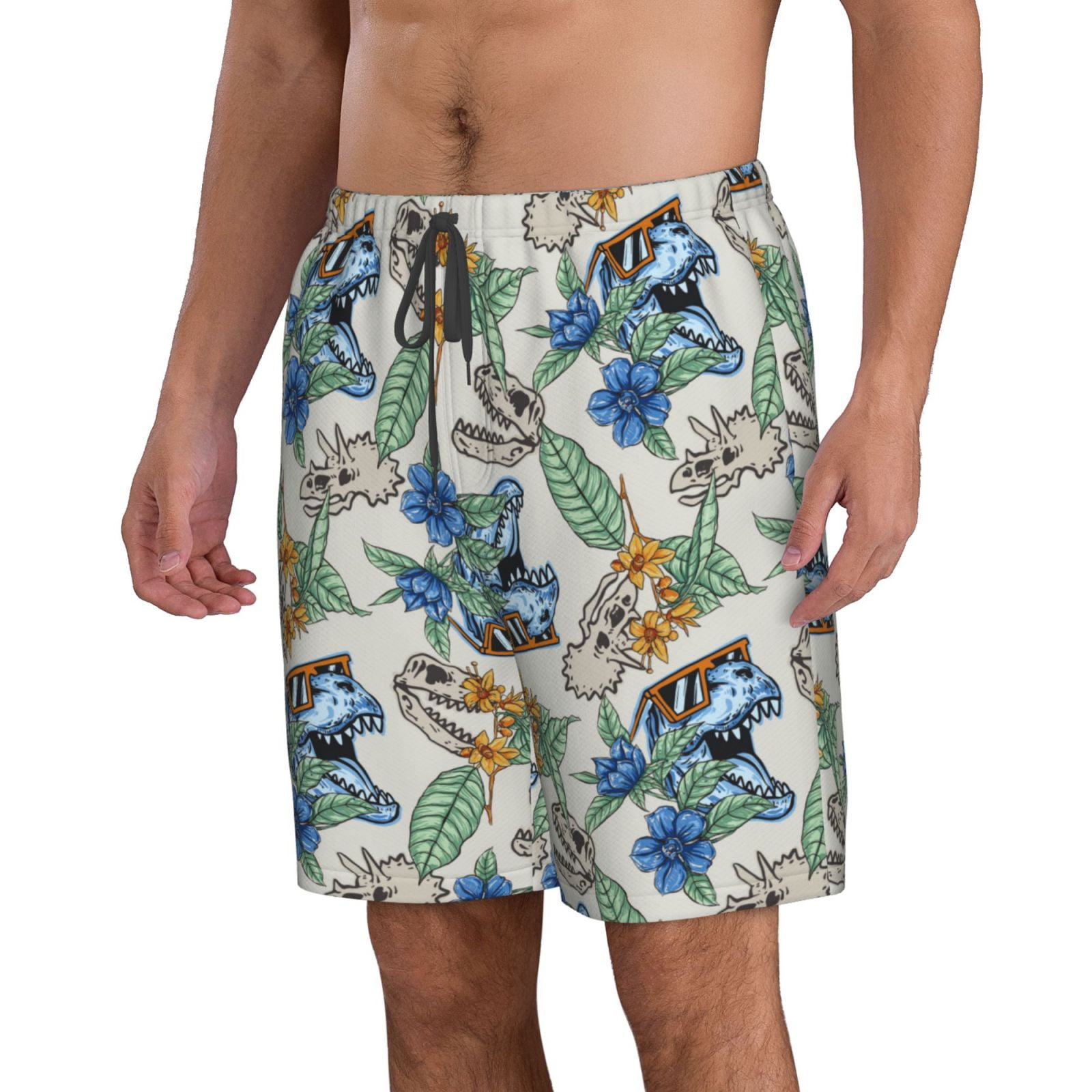 Uemuo Dinosaurs And Leaves Pattern Men's Swim Trunks Hawaiian Beach ...